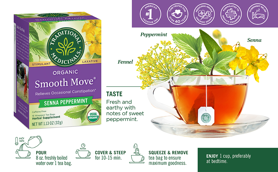 Traditional Medicinals Laxative Teas Organic Smooth Move Caffeine Free ...
