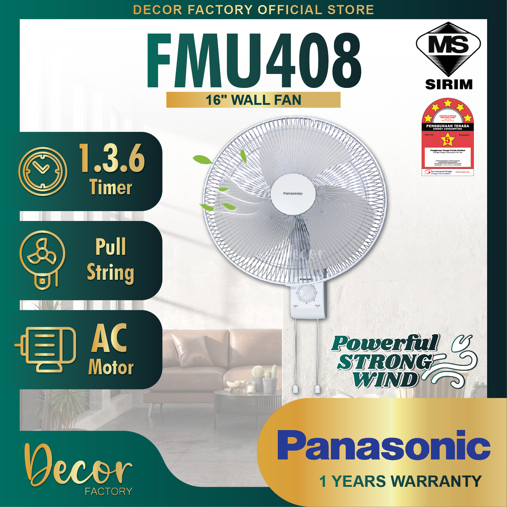Panasonic Fan Panasonic FMU408 16" Wall Fan F-MU408 3 Blades White ...