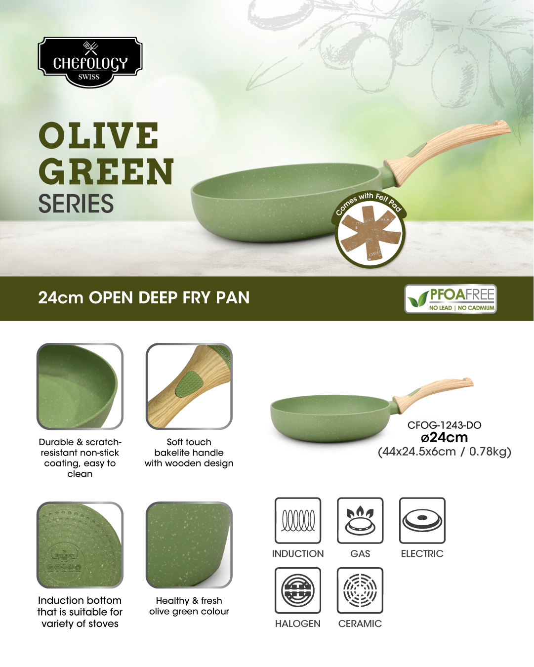 (Clearance sales)Chefology Olive Green Non Stick Fry Pan Casserole Wok ...