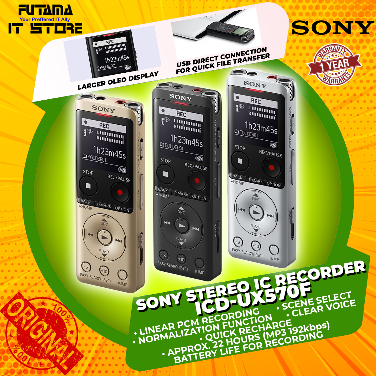 SONY UX570 Digital Voice Recorder UX Series (ICD-UX570F) - For Meeting ...