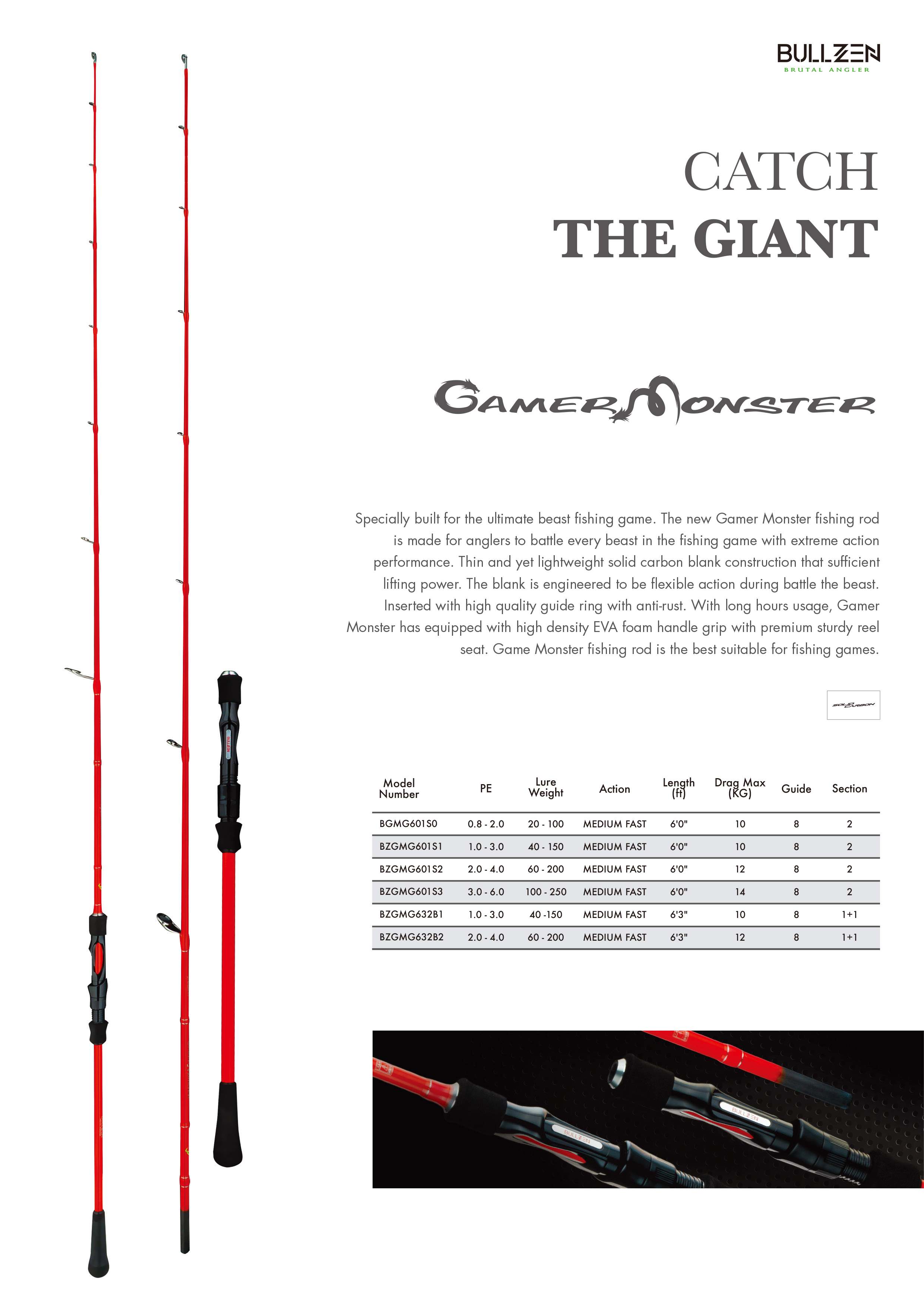 2024 BULLZEN Gamer Monster Solid Carbon Spinning Jigging Rod Fishing ...