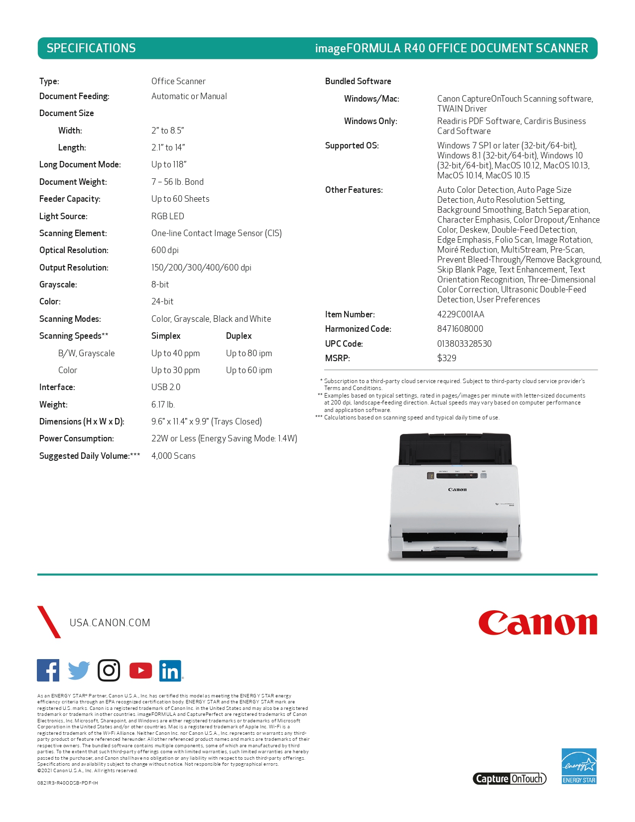 Canon Desktop Sheet-Fed Scanner imageFORMULA R40 | Simplex & Duplex ...