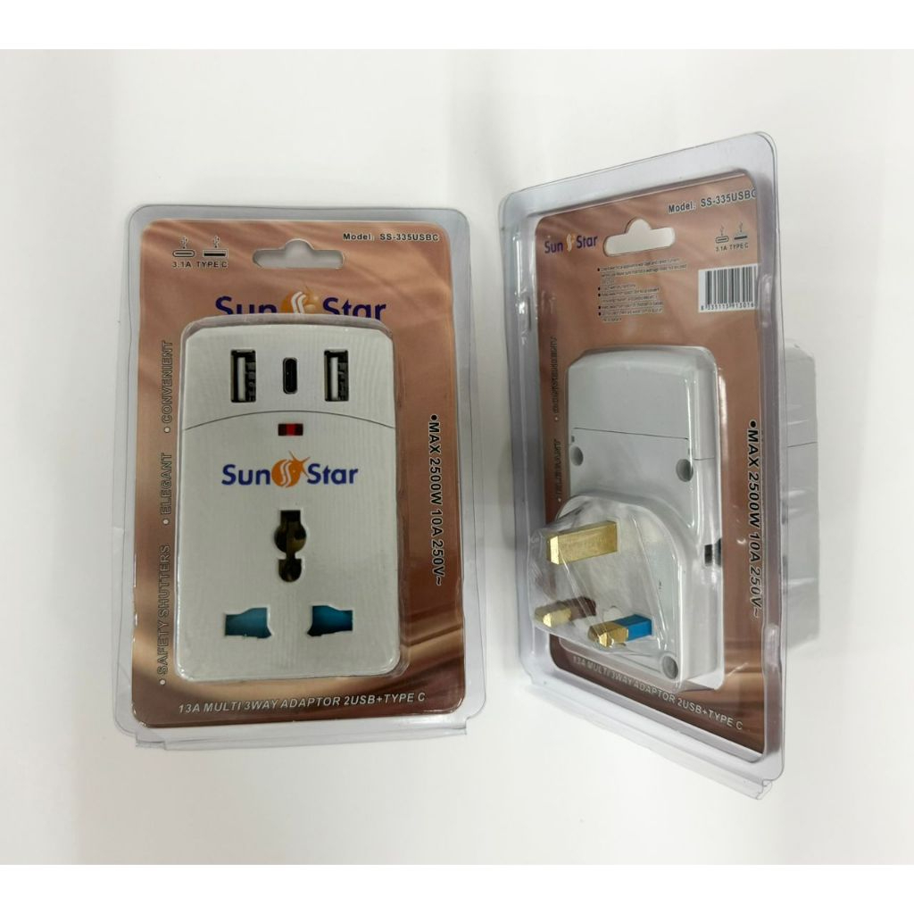 13A 3 Way Adapter Adaptor Plug with 2 UBS port and 1 Type C Charger ...