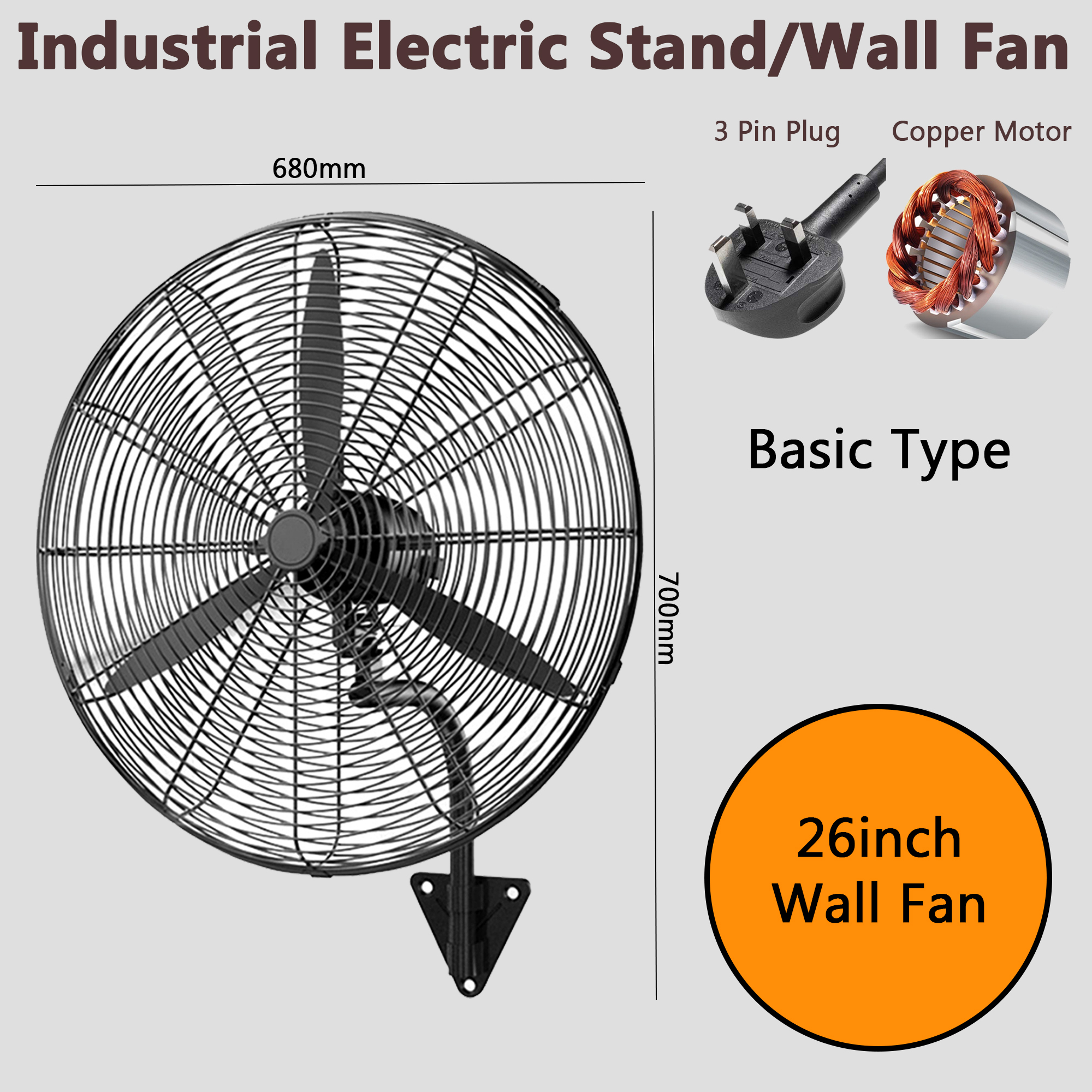 3H 20-inch 26-inch Copper Metal Clad Industrial Electric Stand Fan Wall ...