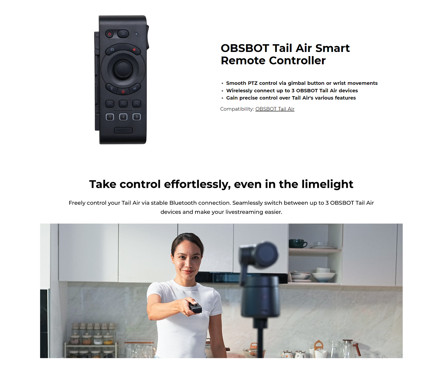 OBSBOT TAIL AIR SMART REMOTE CONTROLLER WITH SMOOTH MONTION PTZ CONTROL ...