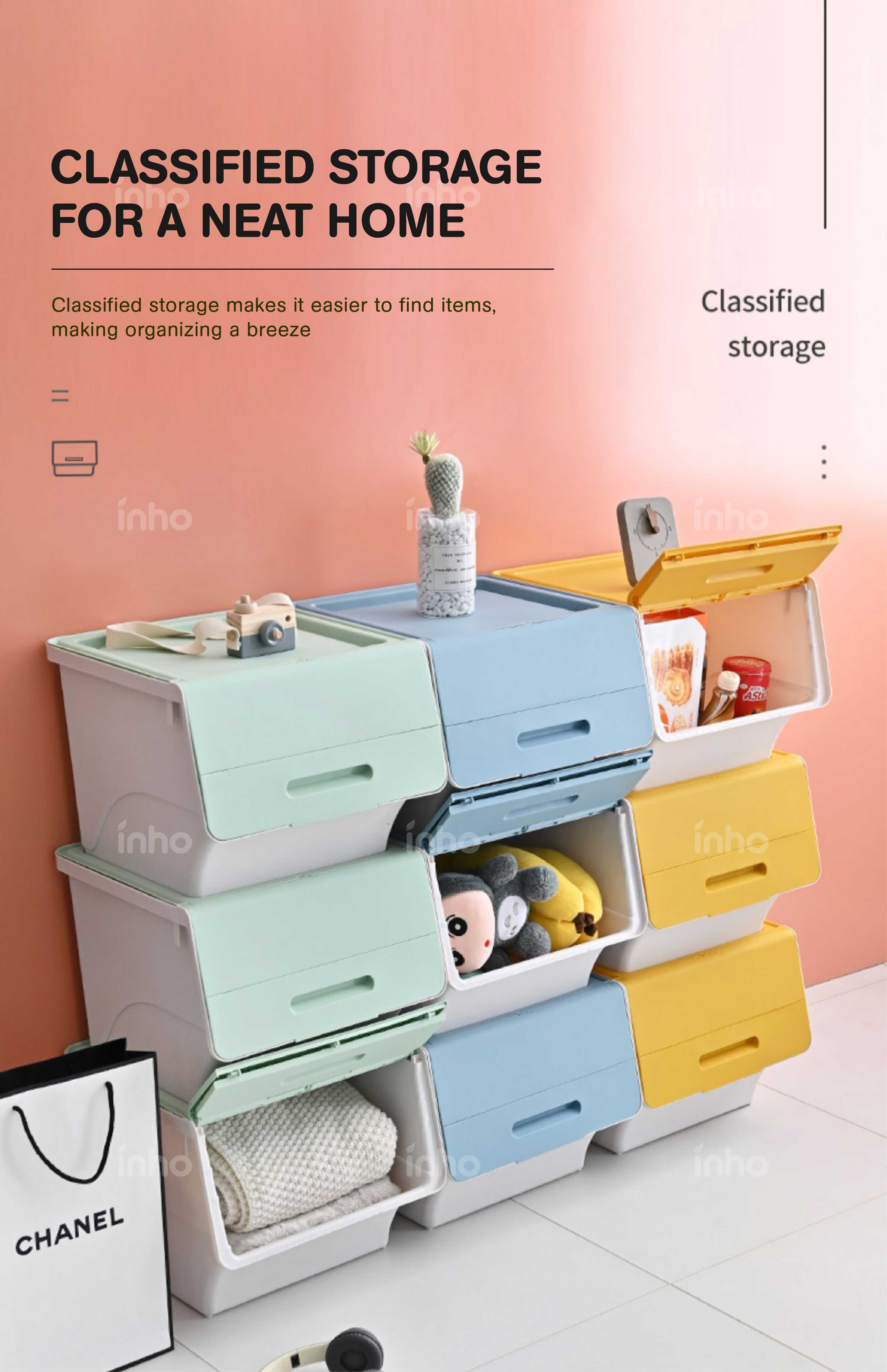 INHO 36L Multipurpose Front Opening Storage Box Stackable Toy Snack ...