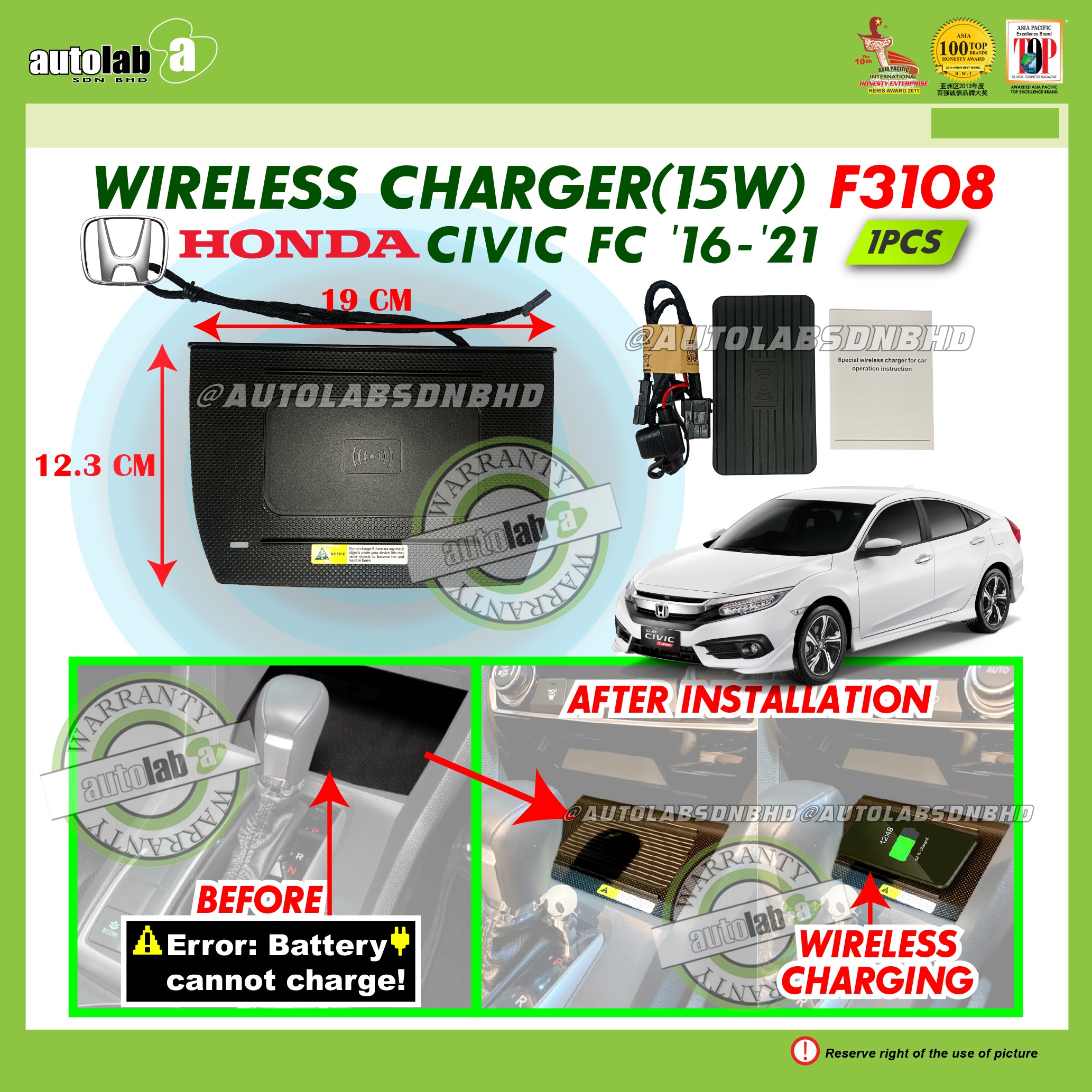 Honda Civic FC 2016-2022 WIRELESS CHARGER Phone Holder Fast charging ...