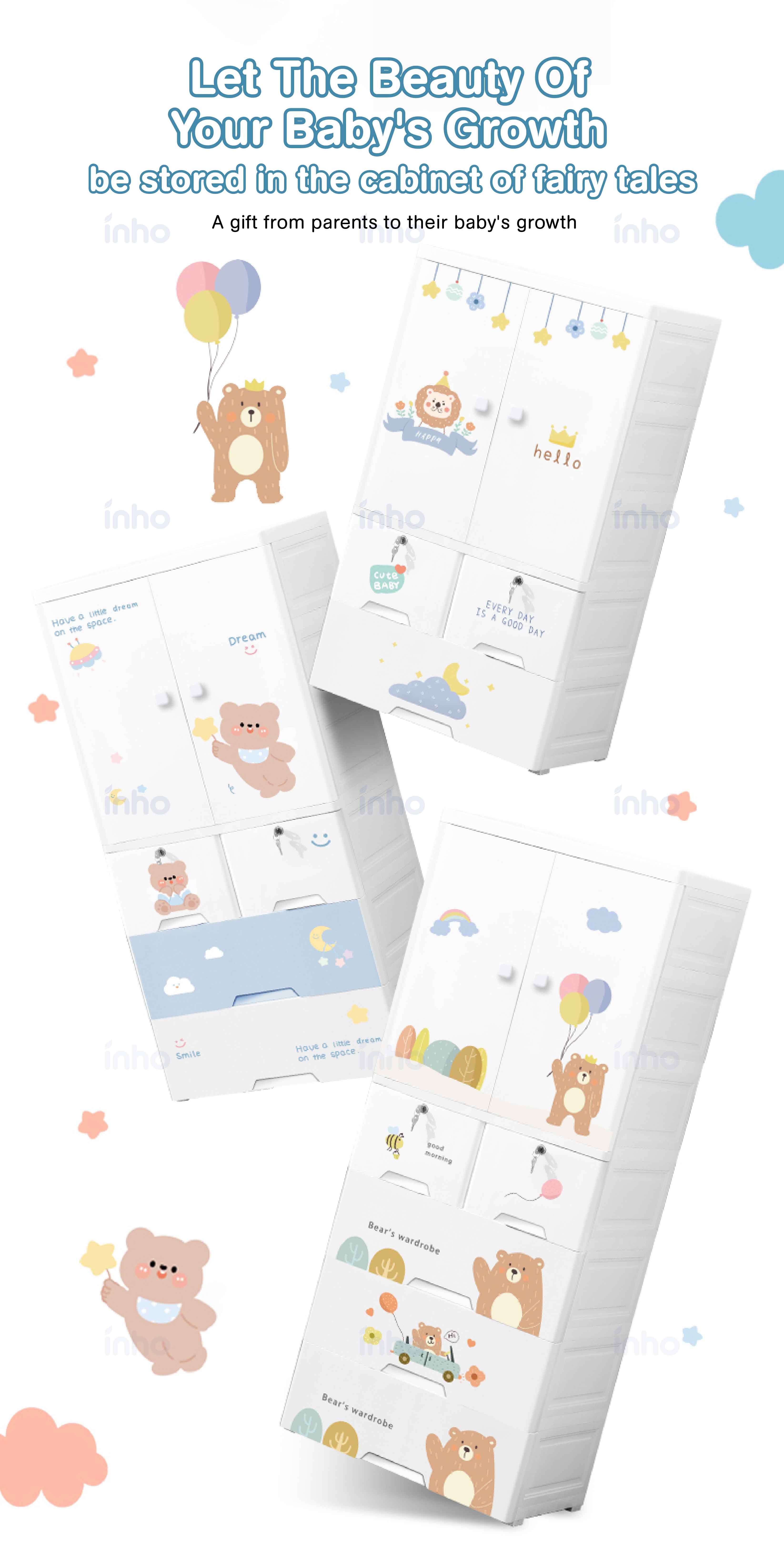 INHO L65cm Cute Cartoon Kids Wardrobe Clothes Cabinet With Lock ...