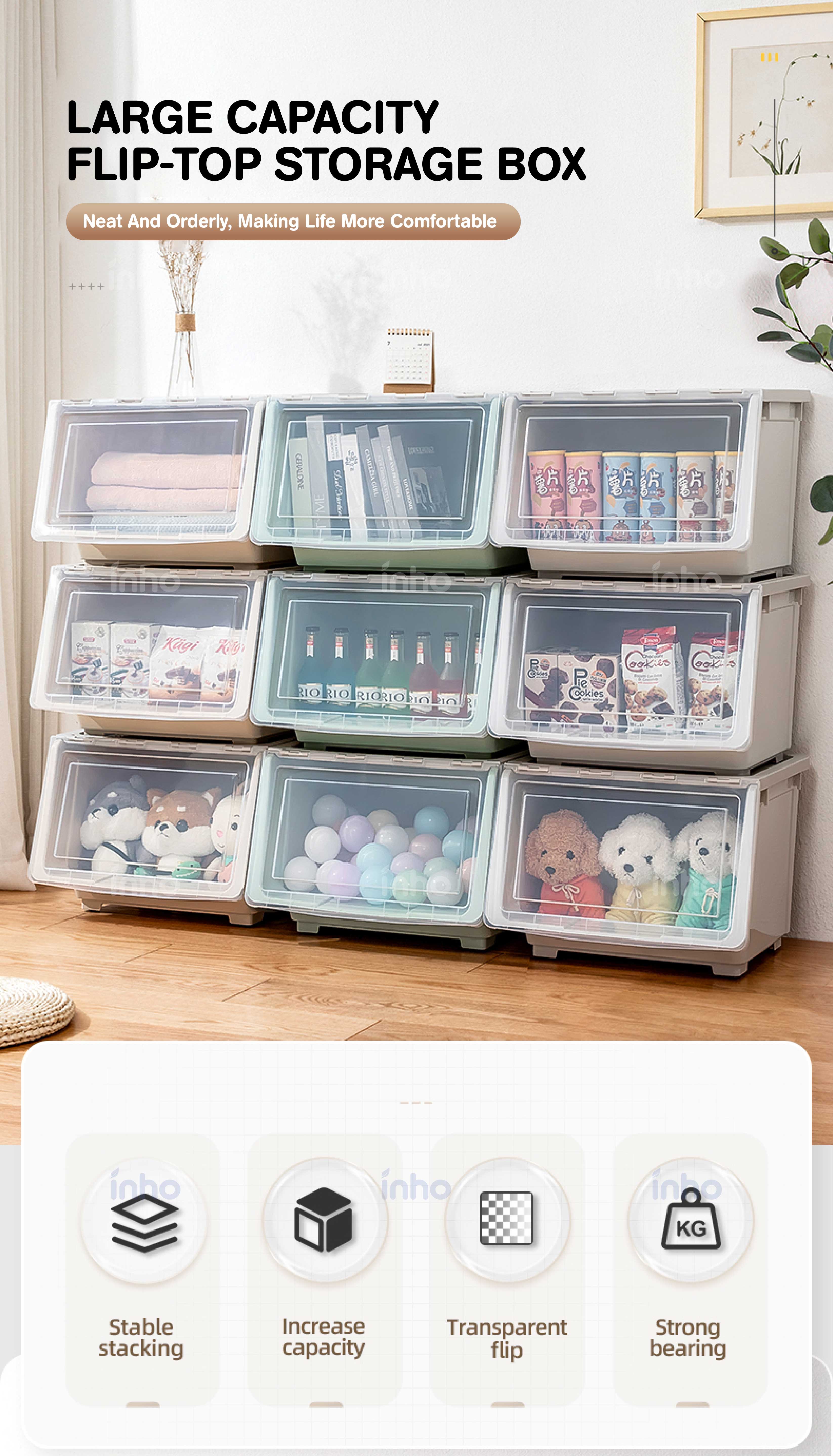 INHO 34/38/56L Multipurpose Stackable Movable Container Storage Box ...