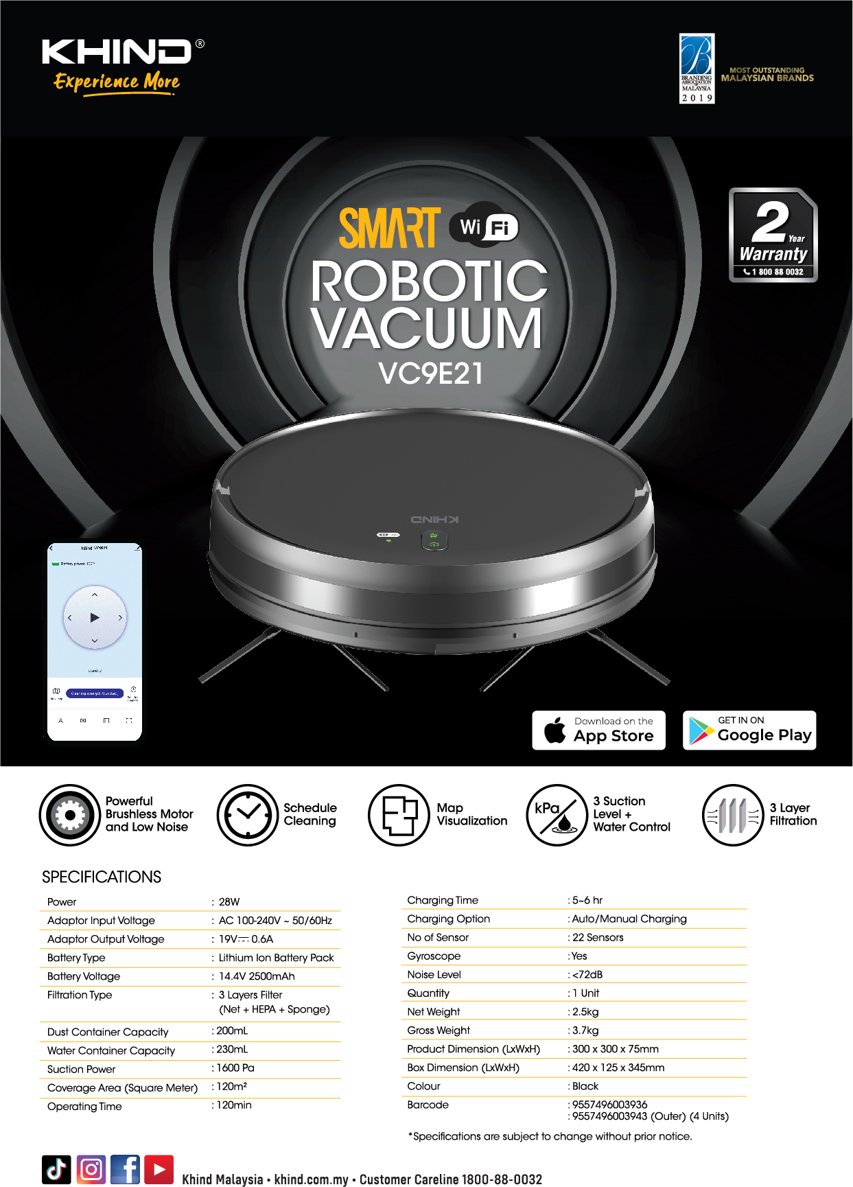Khind VC9E21 Smart WIFI Robotic Vacuum Cleaner Mop Schedule Cleaning ...
