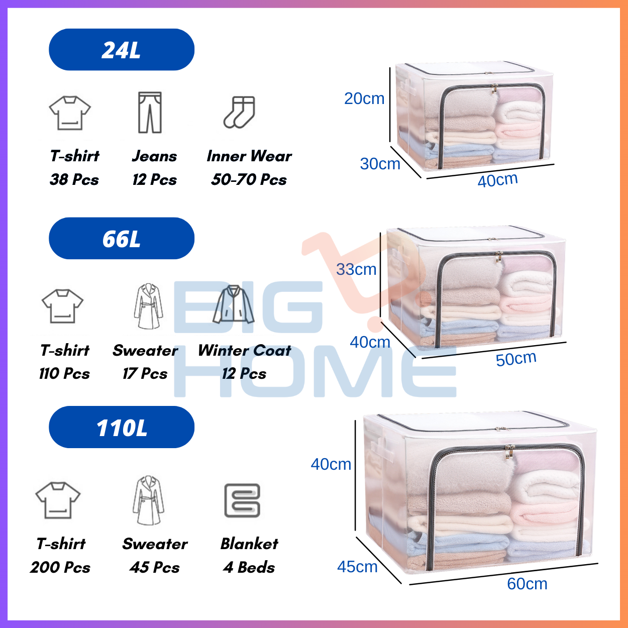 24L 66L 110L Transparent Storage Box Foldable Clothes Storage Box ...