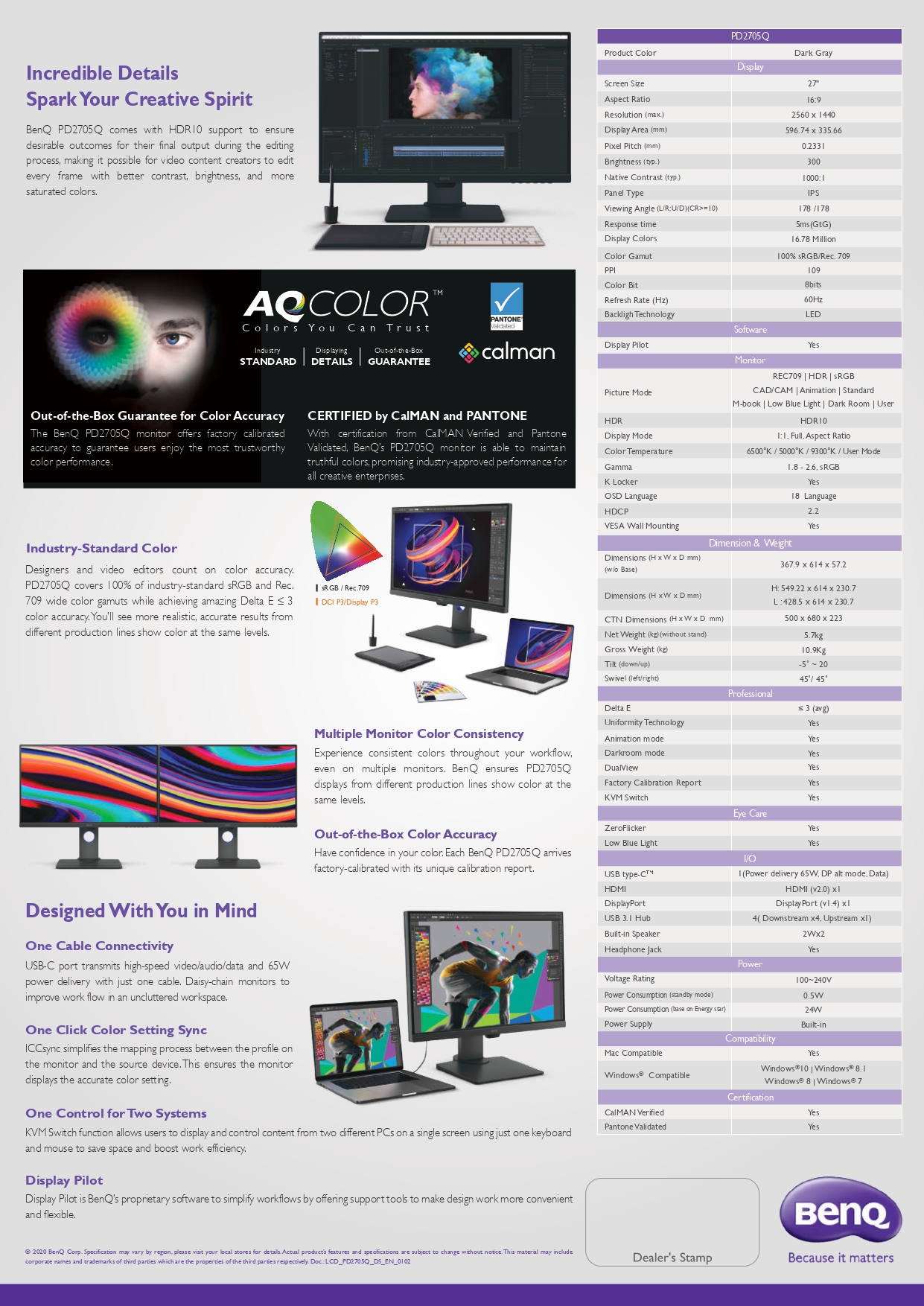 BENQ PD2705Q 27" DESIGNER MONITOR ( 27" IPS QHD / 5MS / 60HZ / 100% ...