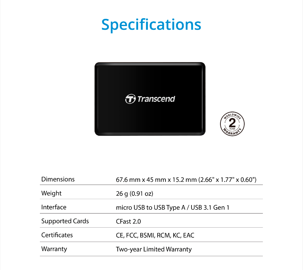 Transcend RDF2 Card Reader CFast | USB 3.1 microUSB to Type A (Black ...