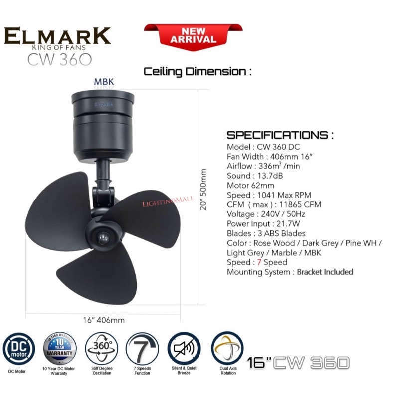 Elmark CW360 Ceiling Corner Fan 16 inch Remote control Corner Fan 3 ABS ...