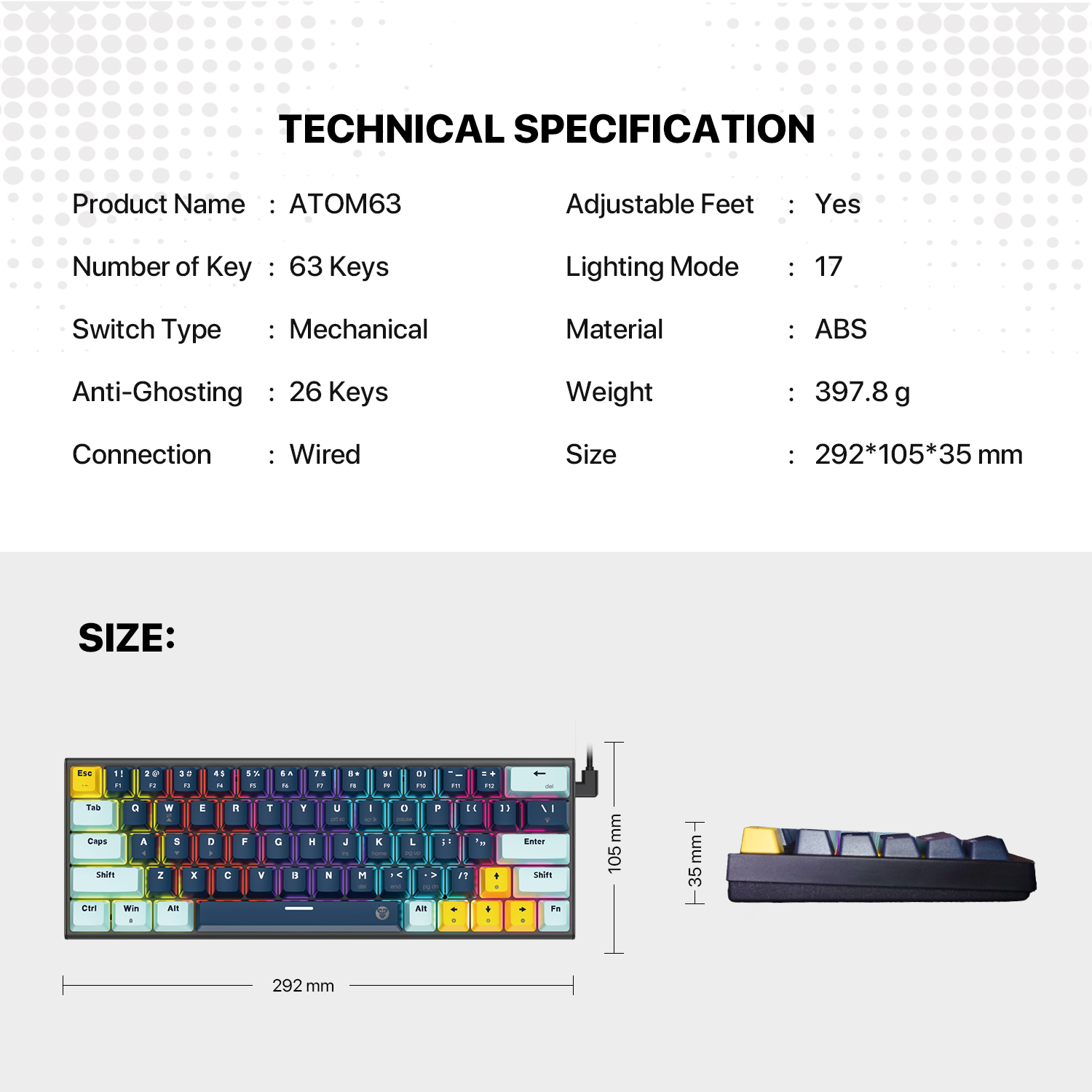 Fantech ATOM Mizu Series Gaming Mechanical Keyboard 60% 75% 95% ATOM 63 ...