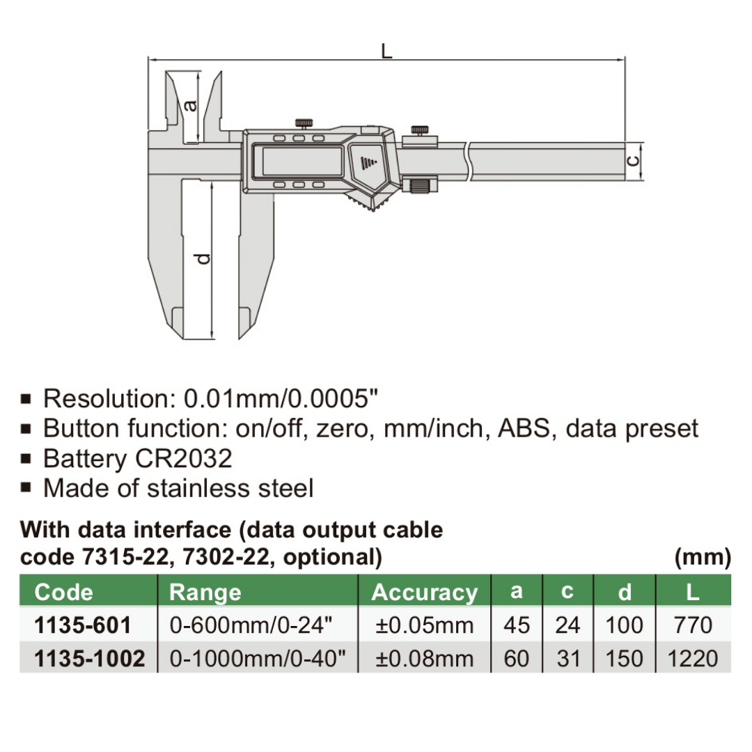INSIZE Digital Caliper Long Range (0-600mm) / (0-1000mm) | Jaw Length ...