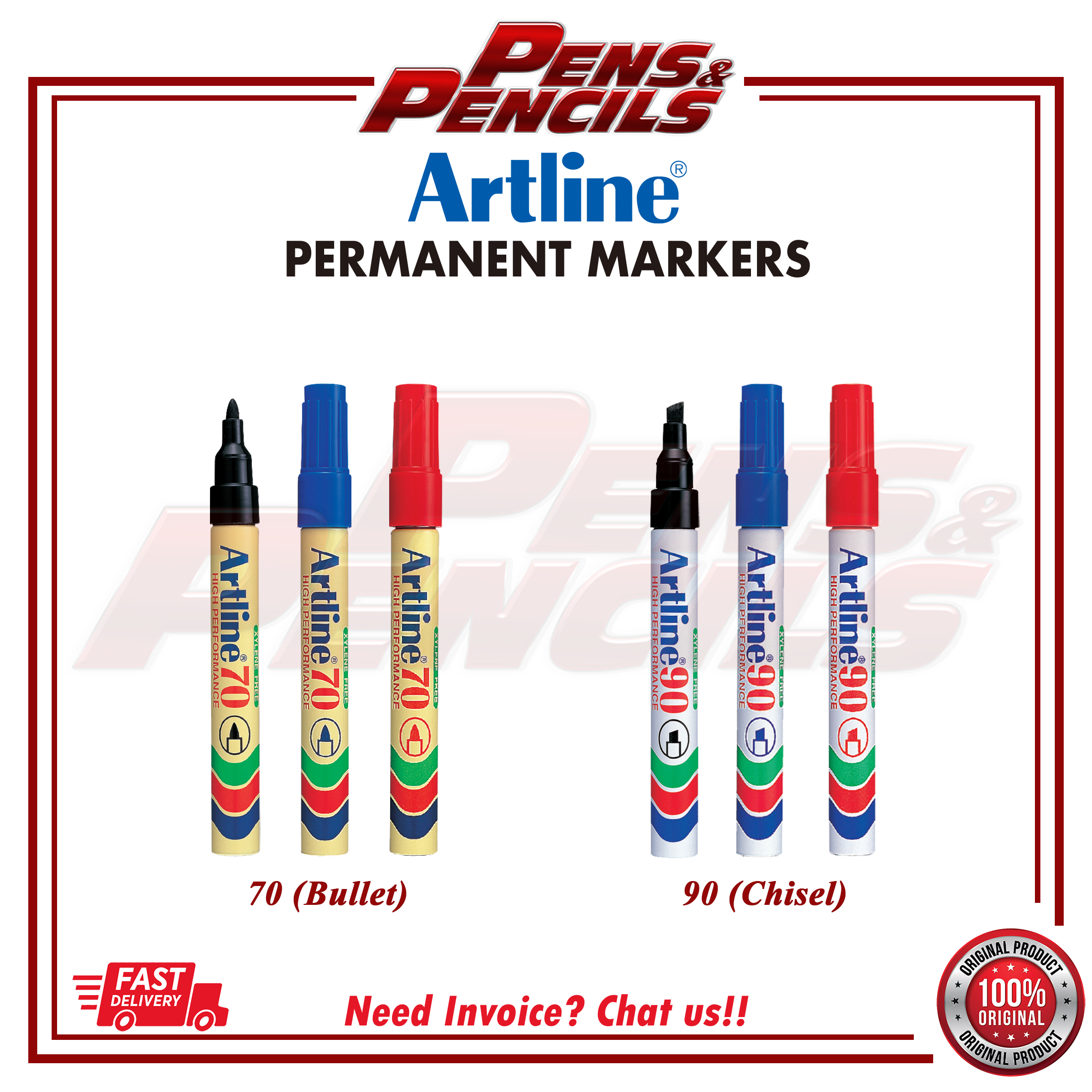 Artline 70/90 Permanent Marker Pen Bullet Nib 1.5mm / Chisel Nib 2-5mm ...