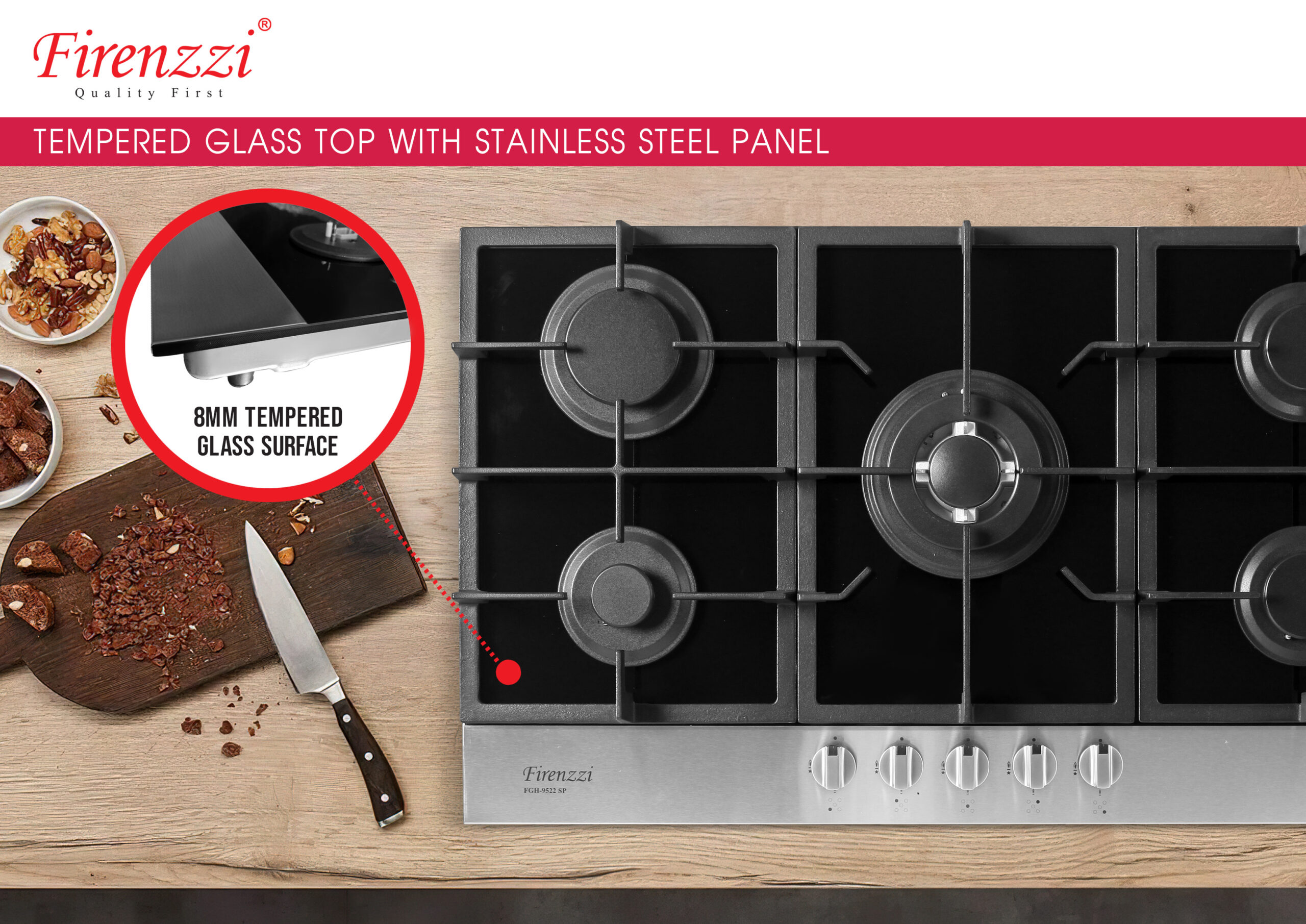 FIRENZZI 5 Burners Built In Gas Hob with Safety Device FGH-9522 SP ...