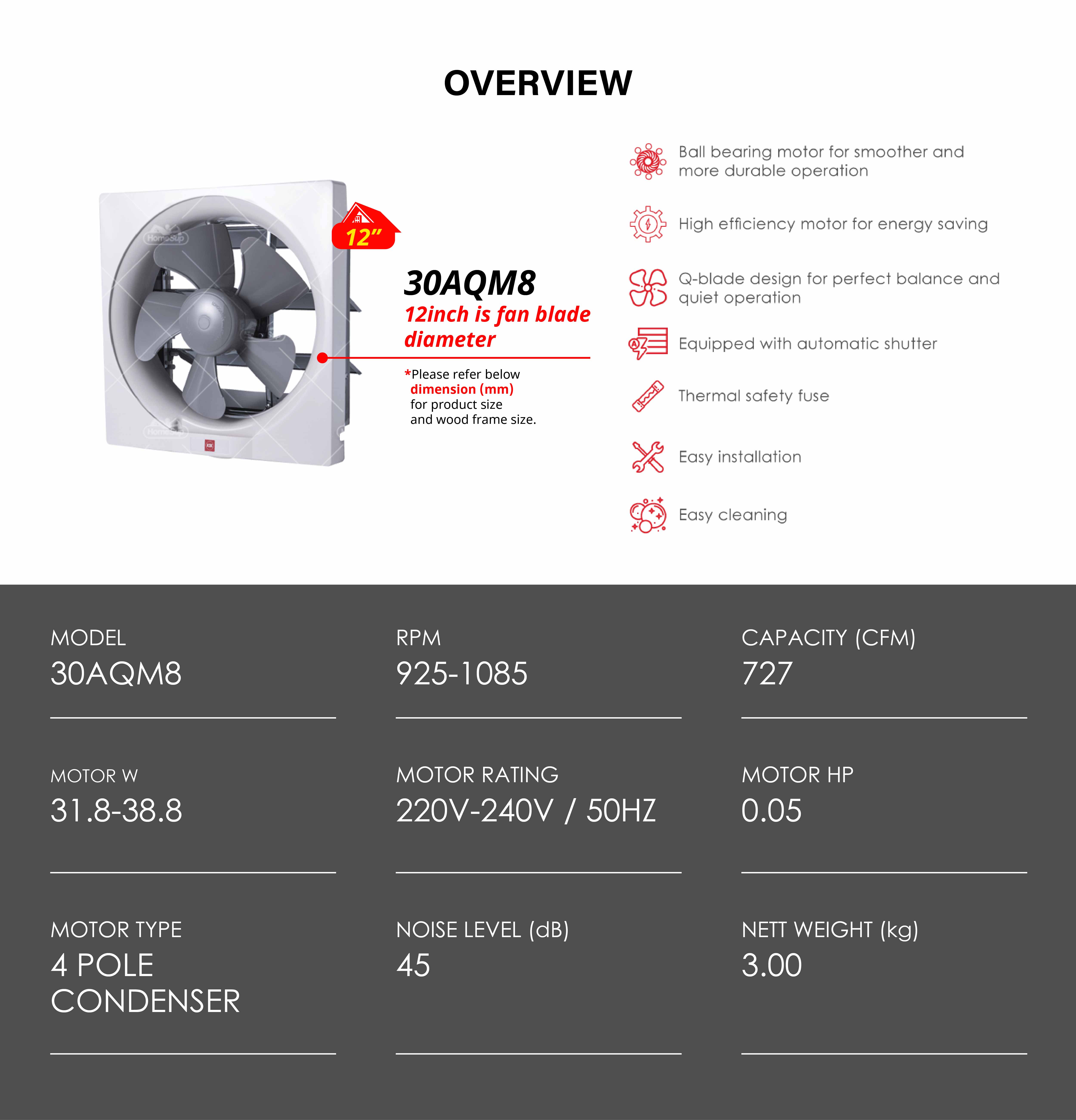 KDK 30Aqm8 Exhaust Fan – 12 Inch Fan Blade, Wall Mounted Kitchen ...