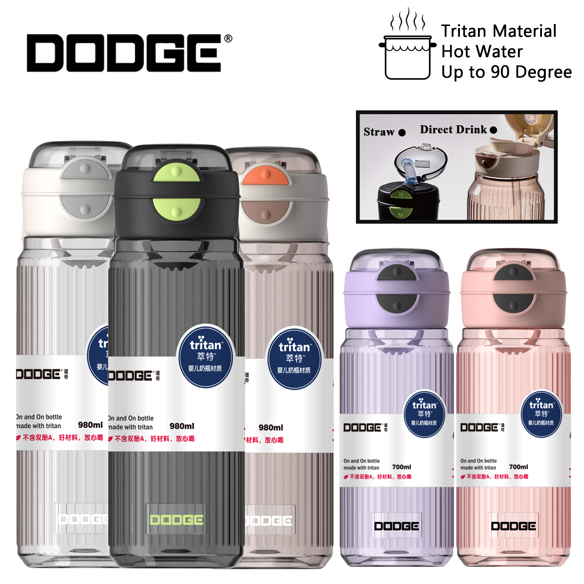 Dodge 700ml/980ml Grand Style Dual Head Large Capacity Leakproof Tritan BPA-Free Water Bottle ...