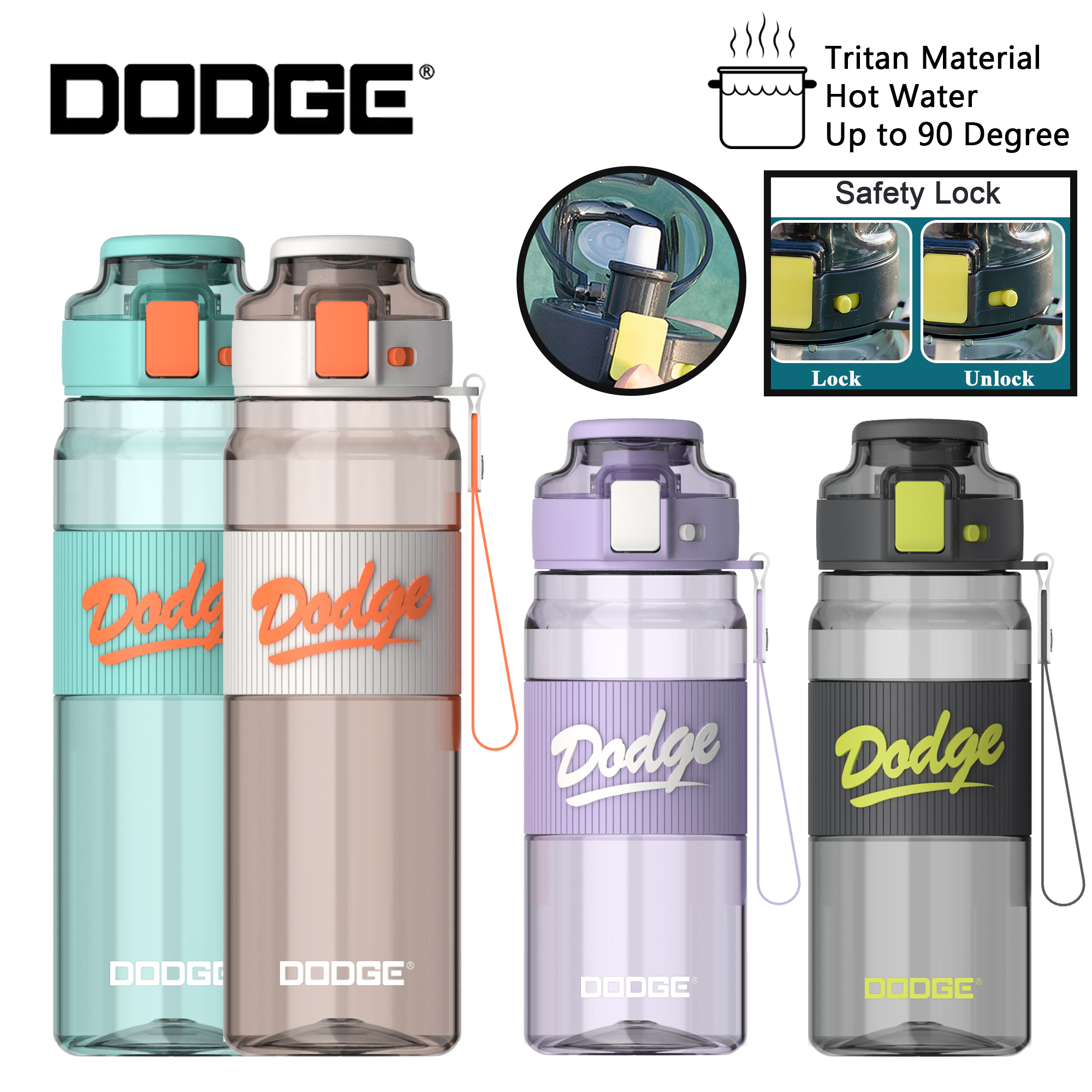 Cille Dodge 670ml/780ml/850ml/1L Leisure Sporty Leakproof Tritan BPA-Free Water Bottle c/w Strap ...