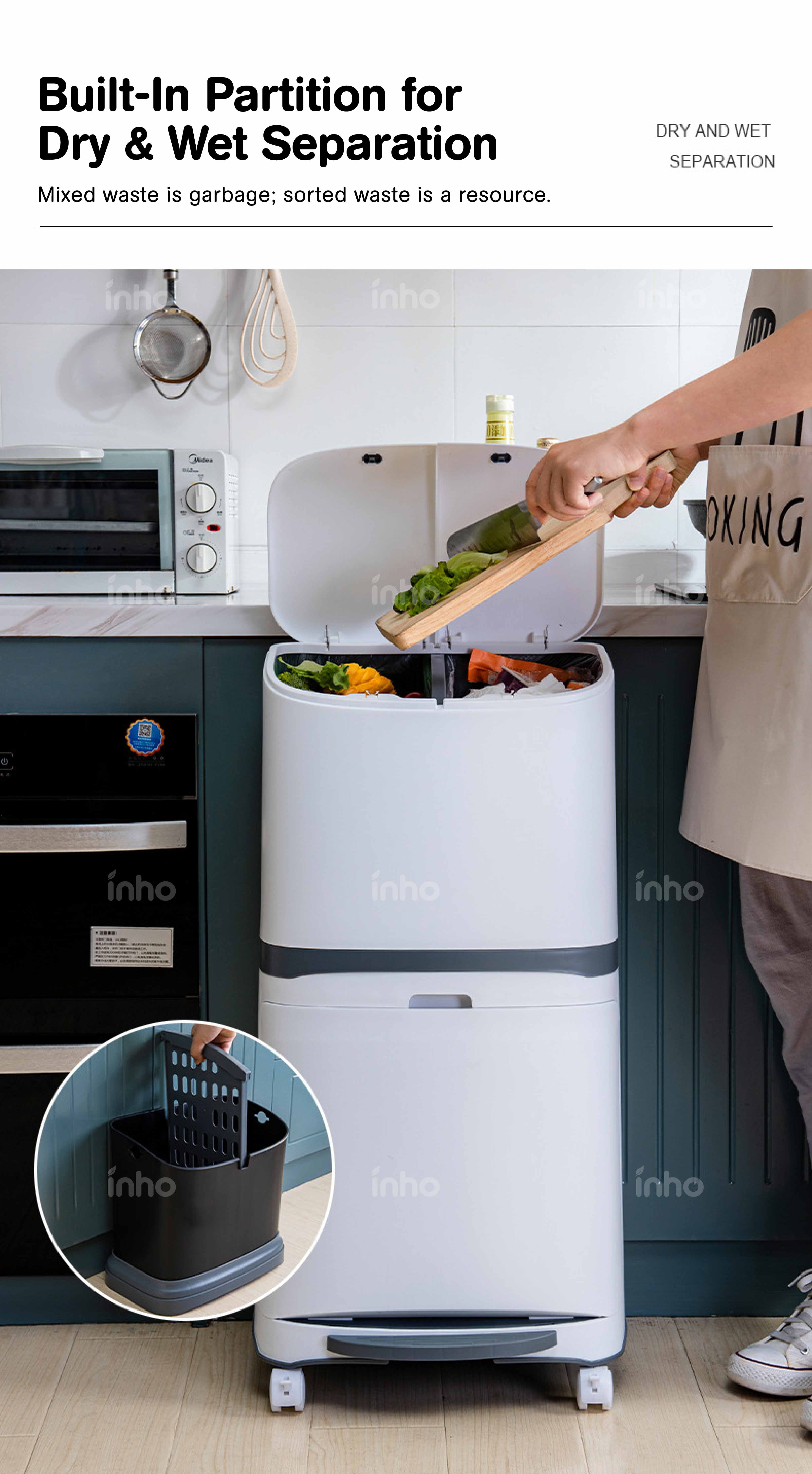 INHO 2 Tiers Movable Household Sorting Trash Can Large Garbage Storage ...