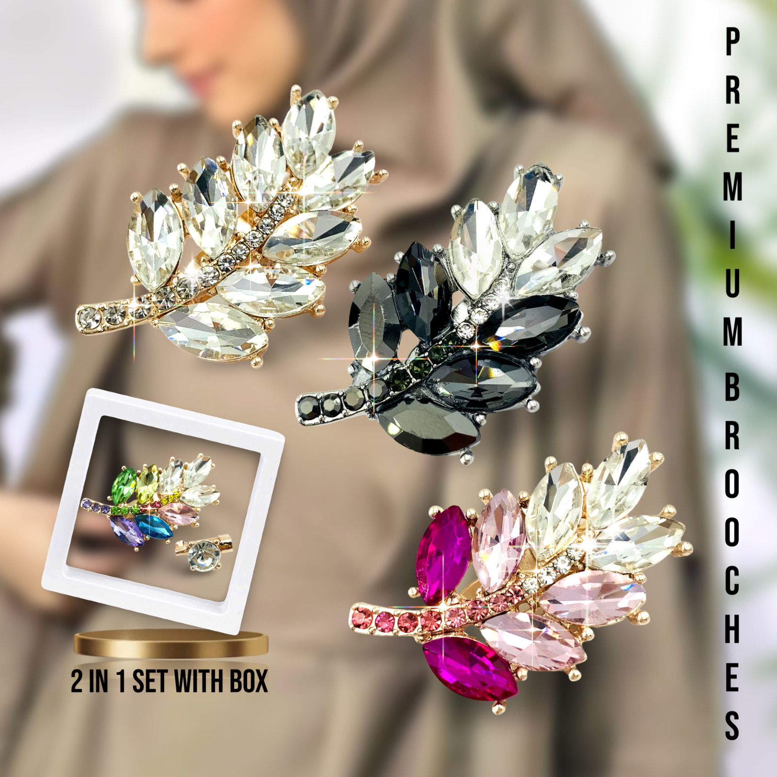 Lavivi Accessories Set 2 in 1 [FREE BOX] Premium Brooch Crystal Leaf ...
