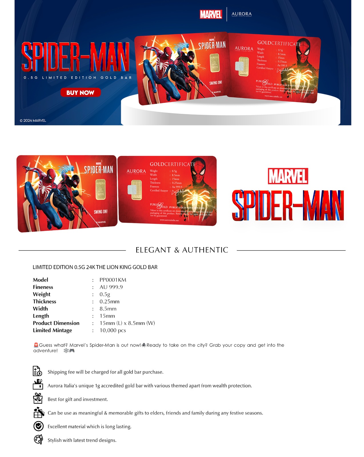 MARVEL X AURORA ITALIA (0.5g) 999.9 Marvel: Spider-Man Limited Edition ...