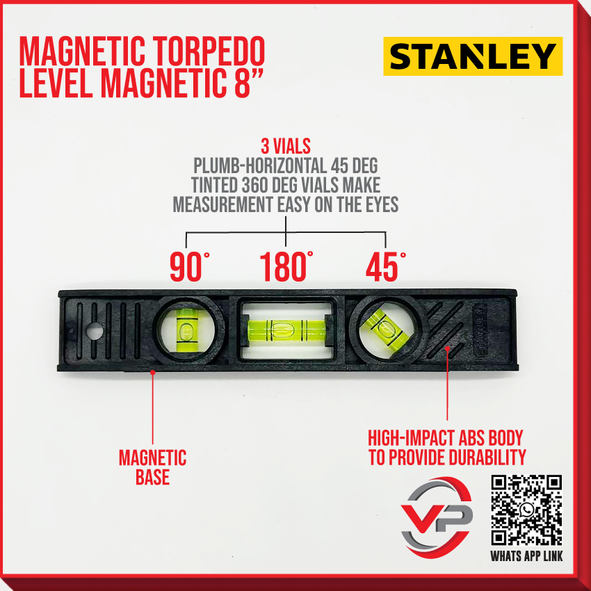 STANLEY STHT42291 MAGNETIC TORPEDO WATER LEVEL 8"/200MM RULER TIMBANG ...
