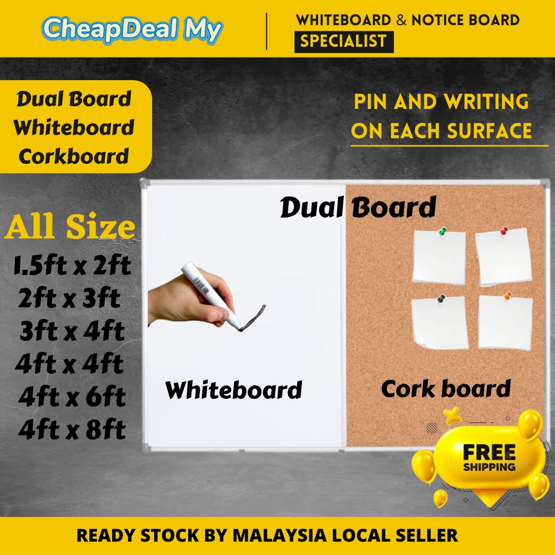 2 dalam 1 Papan Notis Papan corkboard+ Papan putih magnet/ 2 in 1 Dual ...