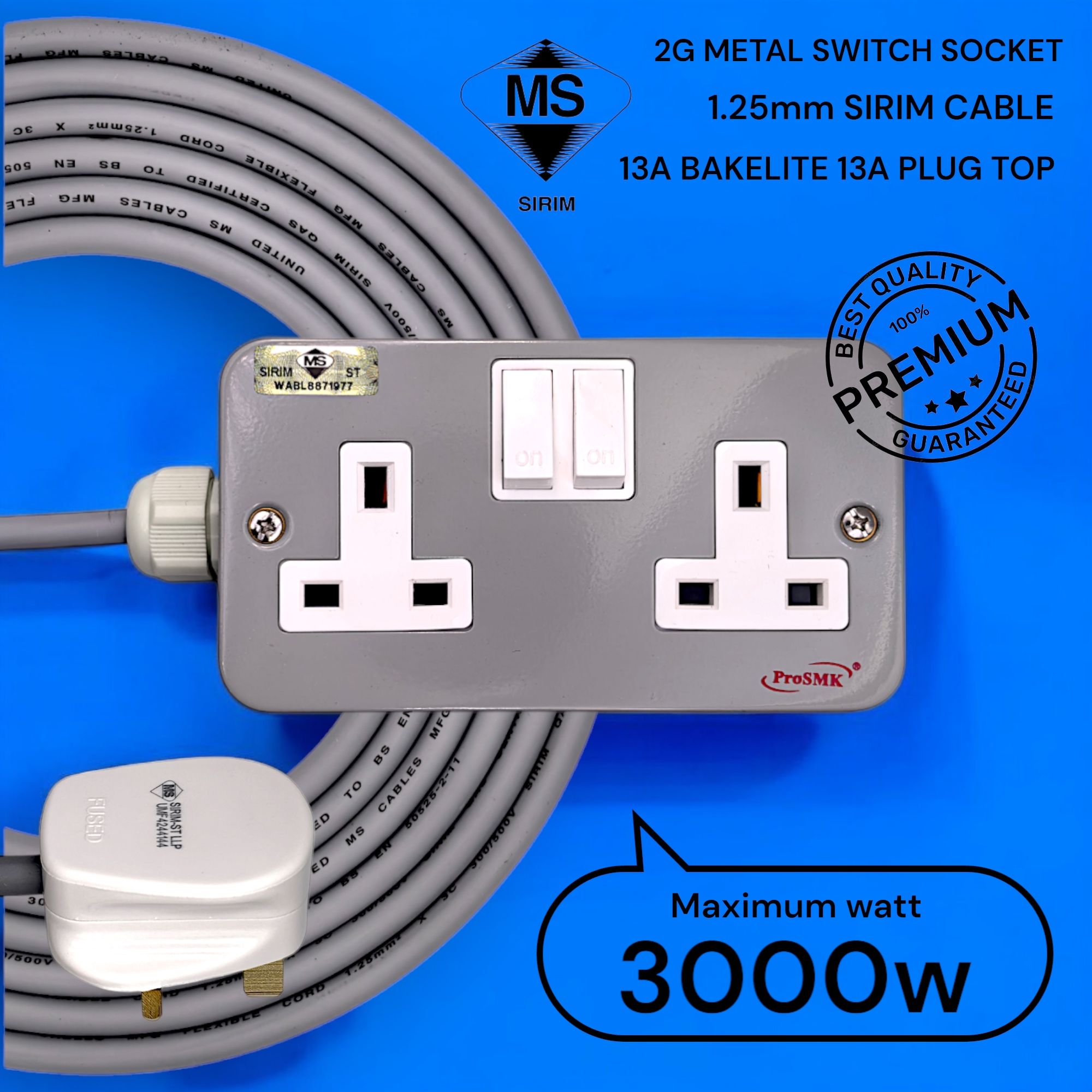 **BEST QUALITY** 3000 WATT 2 GANG METAL SIRIM PROSMK SWITCH SOCKET C/W ...