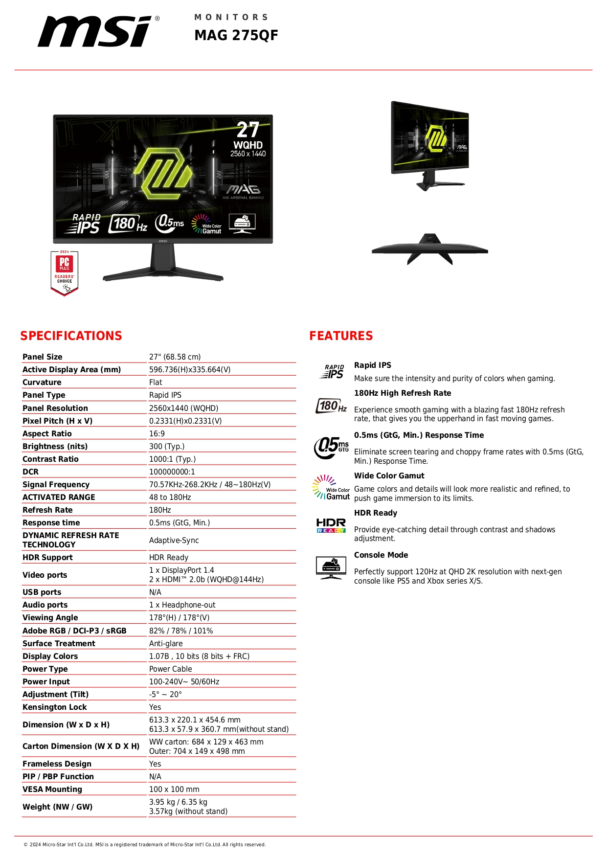 MSI MAG 275QF / MAG275QF 27" (2K WQHD/ RAPID IPS/ 0.5ms/ 180Hz/ Flat ...