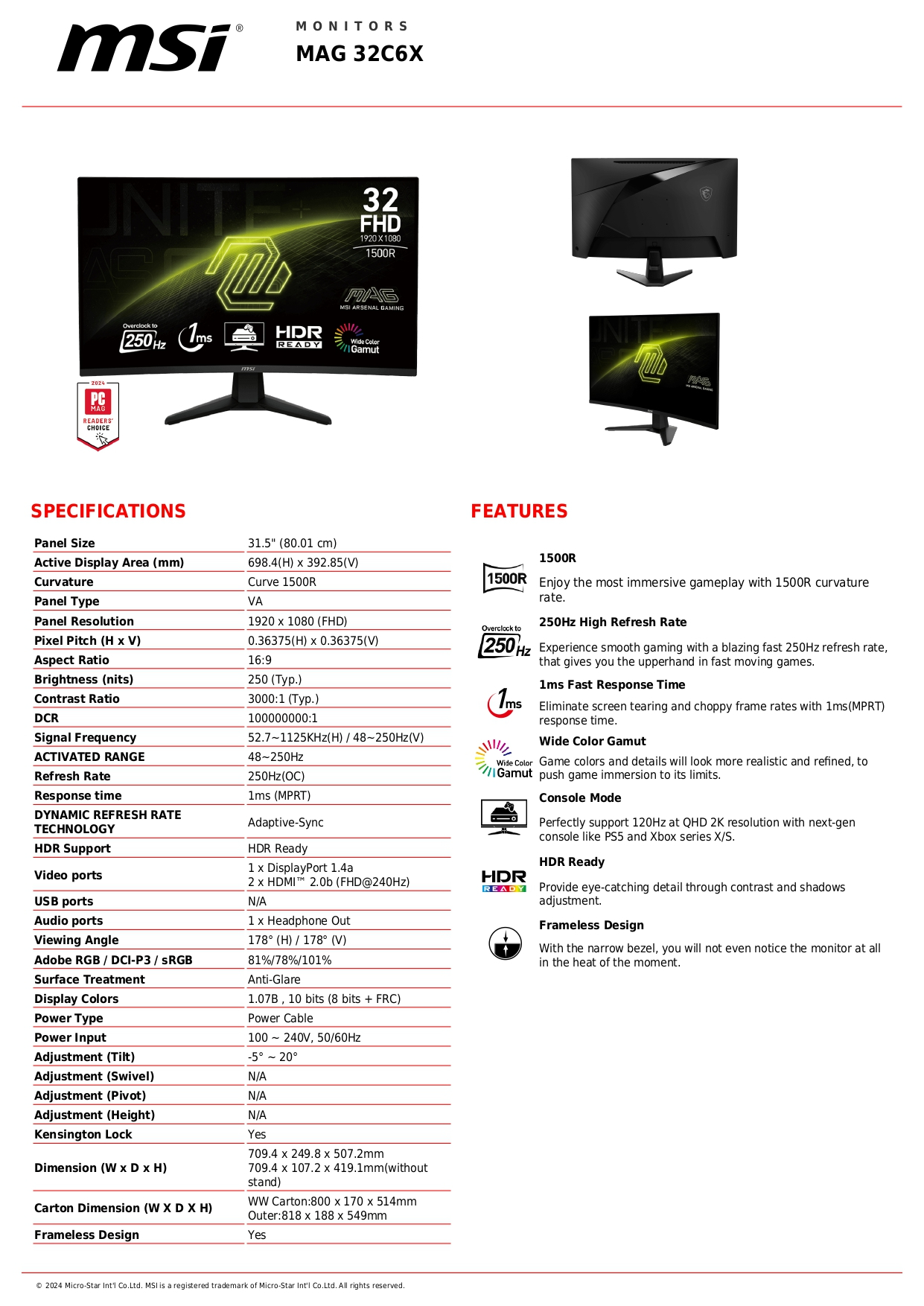 MSI MAG32C6X / MAG 32C6X 32" Curved Gaming Monitor ( FHD / 1ms / 250Hz ...