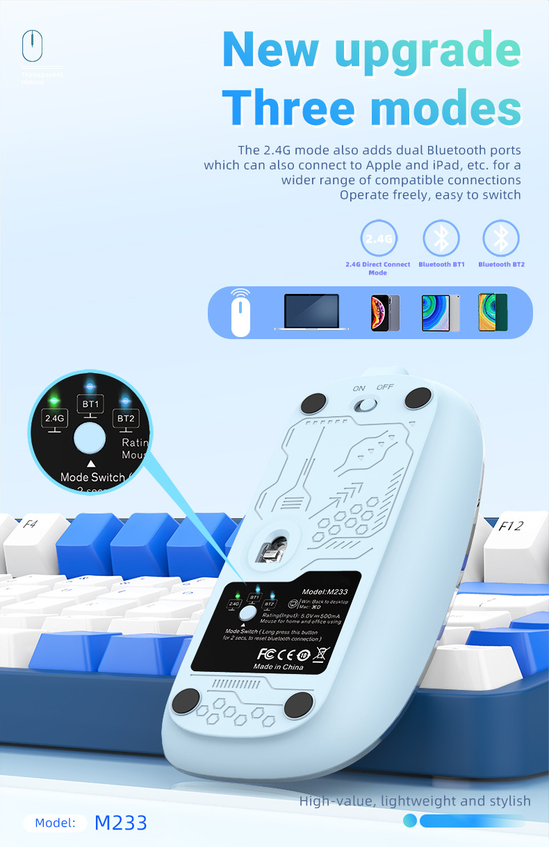 RBTECH M233 New 3 Modes Mute Transparent Mouse 2.4G Wireless BT5.1 Rechargeable Built-in Battery ...