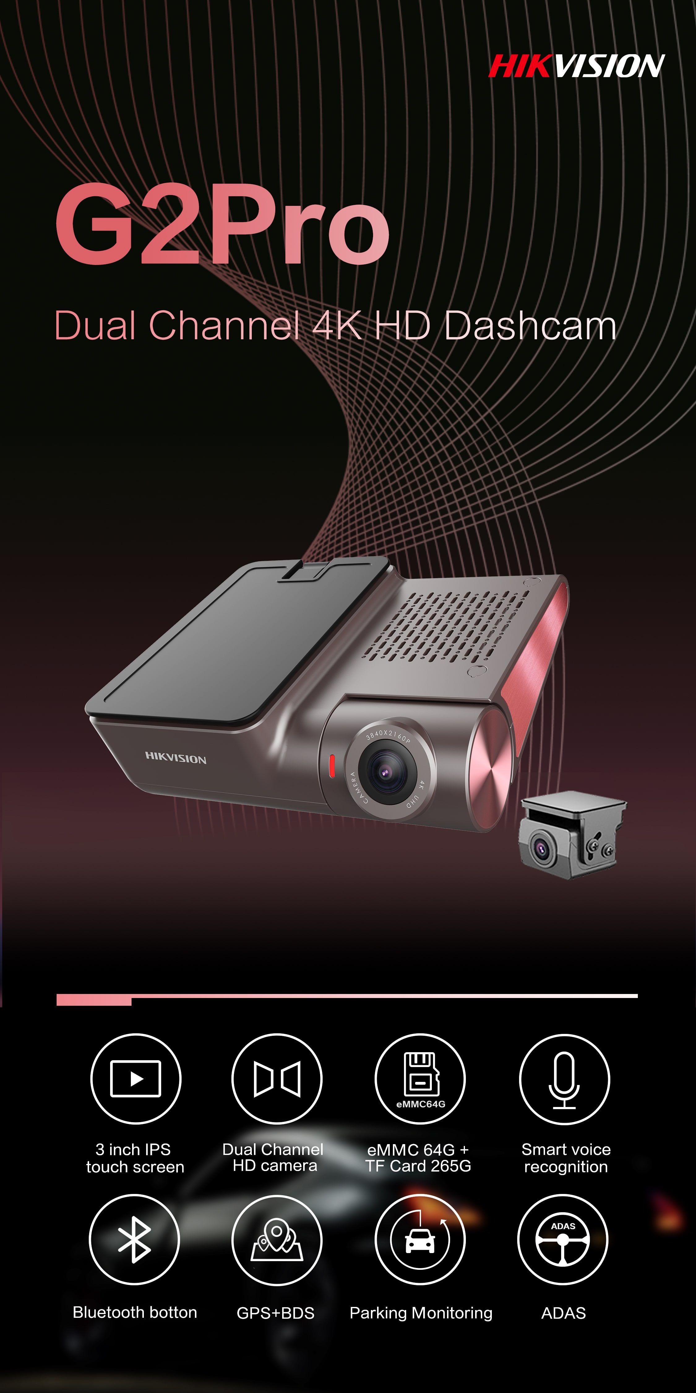 HIKVISION G2 Pro 4K Dashcam Dual Channel, GPS & ADAS Support, Touch Screen, Crystal-Clear Vision ...