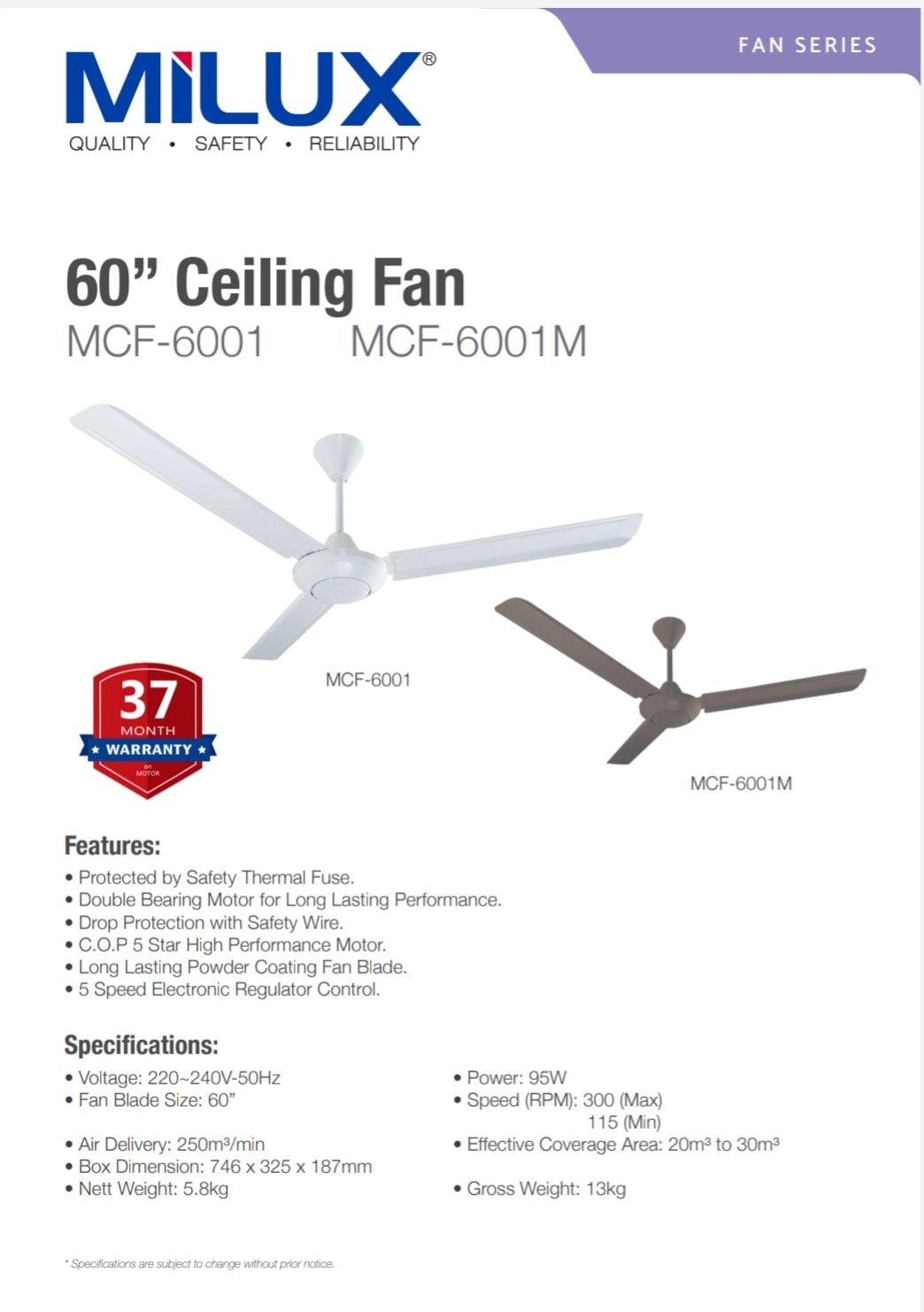 MILUX MCF-6001 60" 60 Inch 3 Metal Blade SIRIM White 5 Speed Non Remote ...