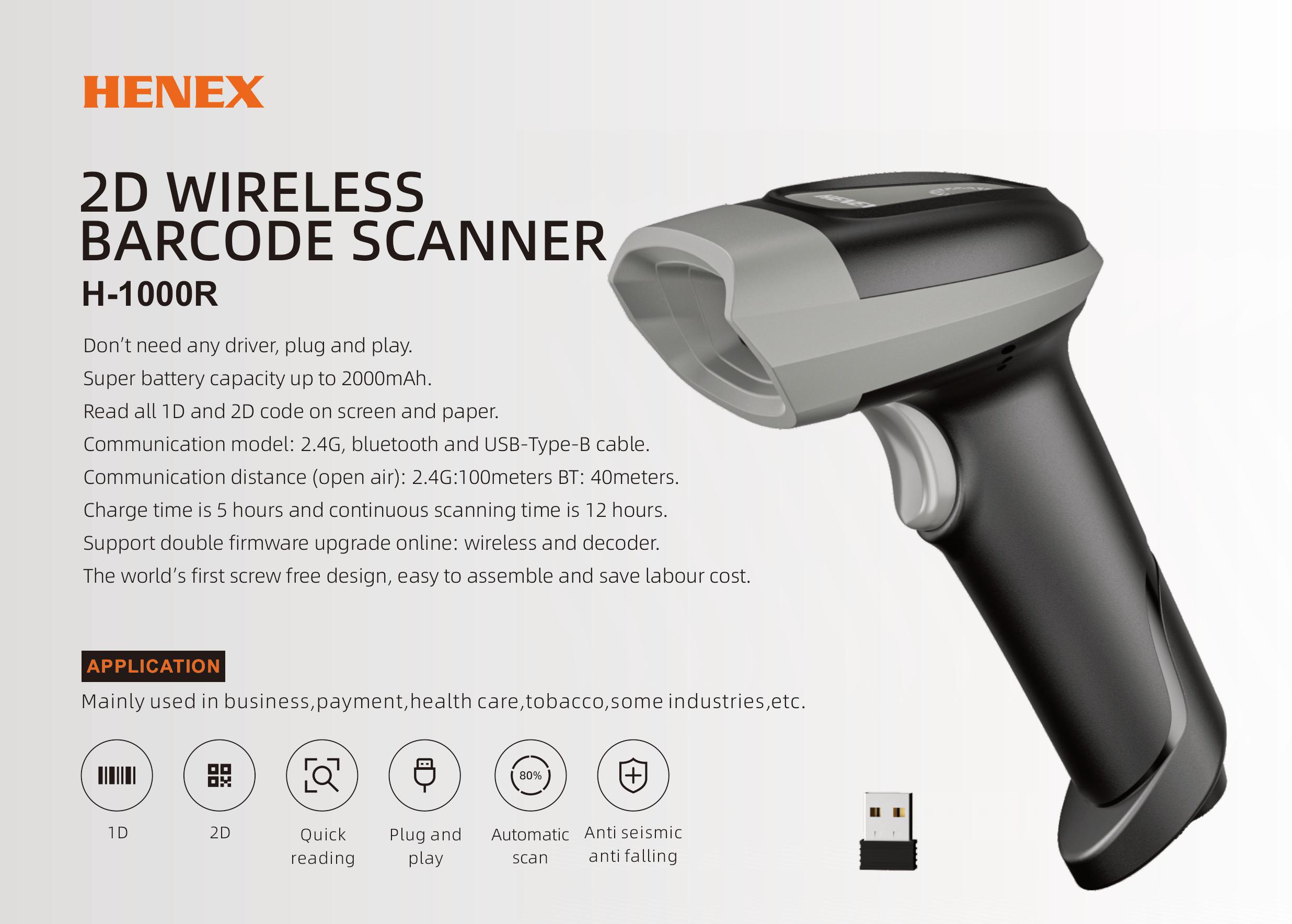 HENEX H1000R 1D+2D Barcode Scanner 3 in 1 Bluetooth/Wireless Dongle/Usb ...