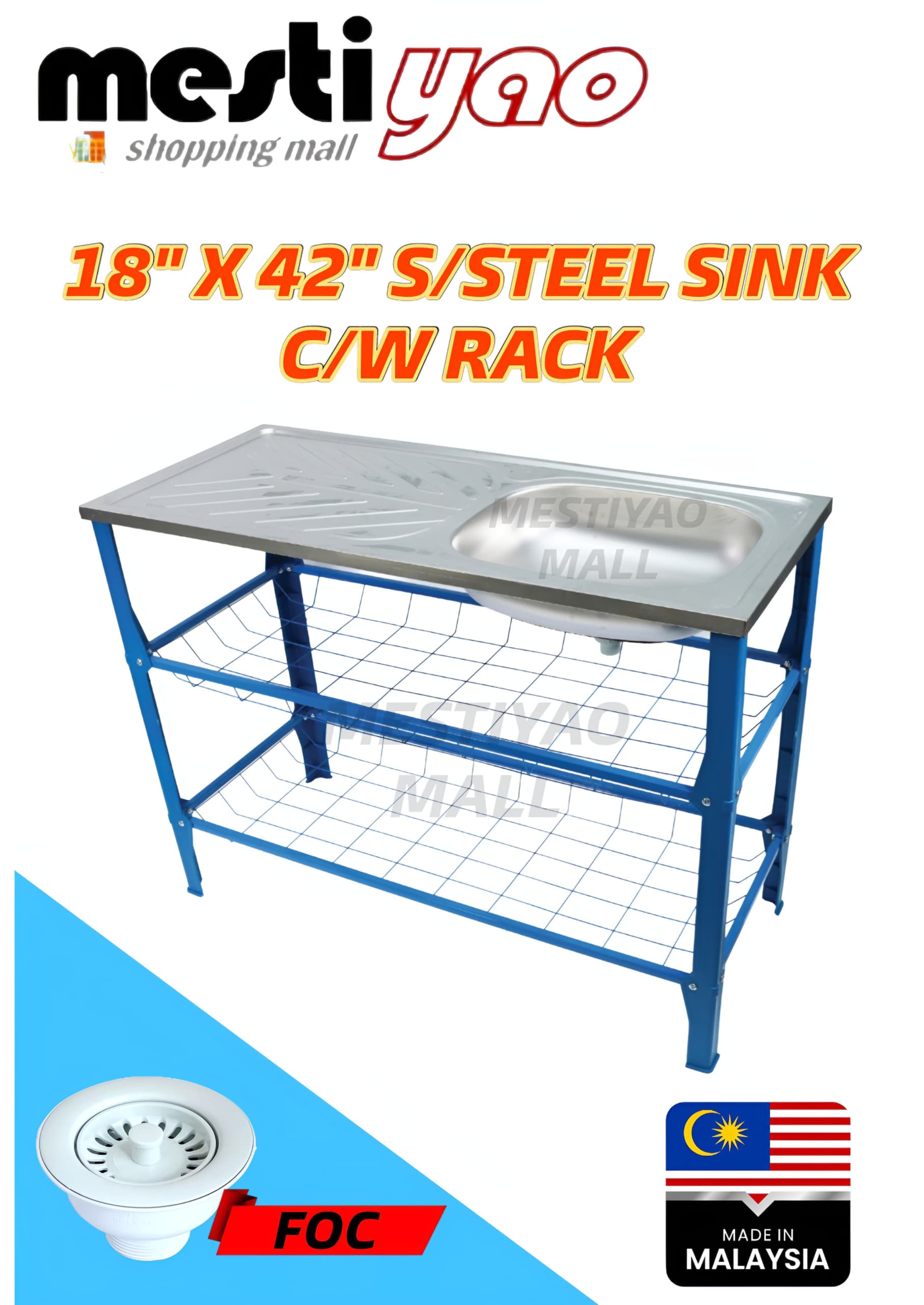 18"x42" S/steel Sinki Dapur Set Dengan Kaki/Stainless Steel SInk C/W ...