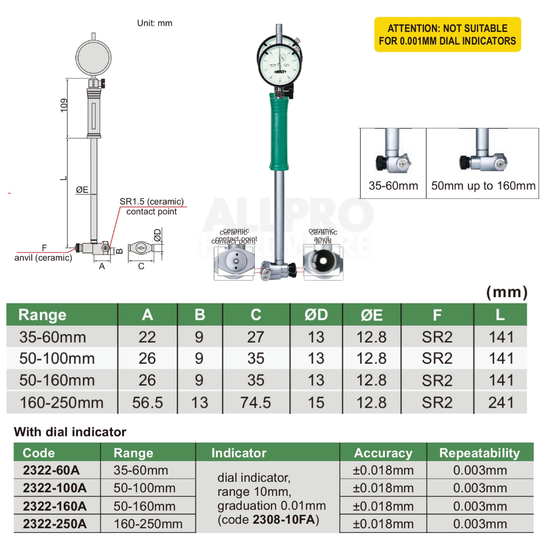 INSIZE Dial Bore Gage 2322-35A / 2322-60A / 2322-100A / 2322-160A ...