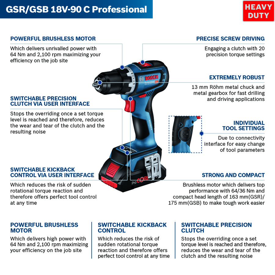 Bosch 18V GSB 18V-90C Cordless Heavy Duty Combo Driver Drill (Brushless ...