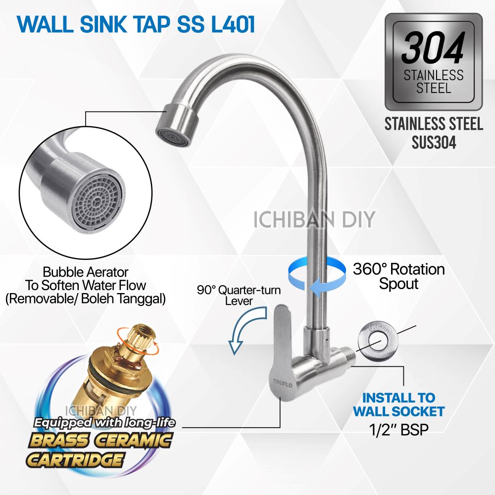 Pillar / Wall Sink Tap L0401 Stainless Steel SUS304 304 Kitchen Faucet ...