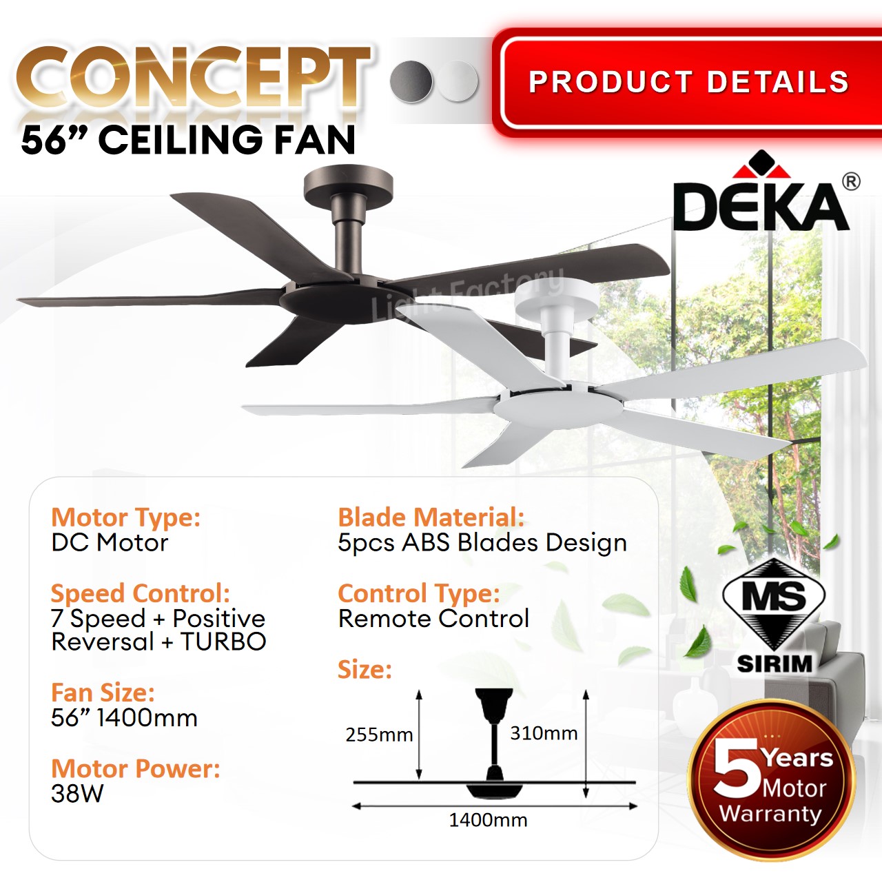 🔥NEW🔥DEKA CONCEPT 1 56" 5 Blades DC Motor Total 14 Speed Remote Control ...