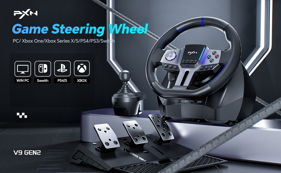 PXN V9 GEN2 PC Steering Wheel Universal Usb Car Sim 270/900 Degree Race Steering Wheel with 3 ...