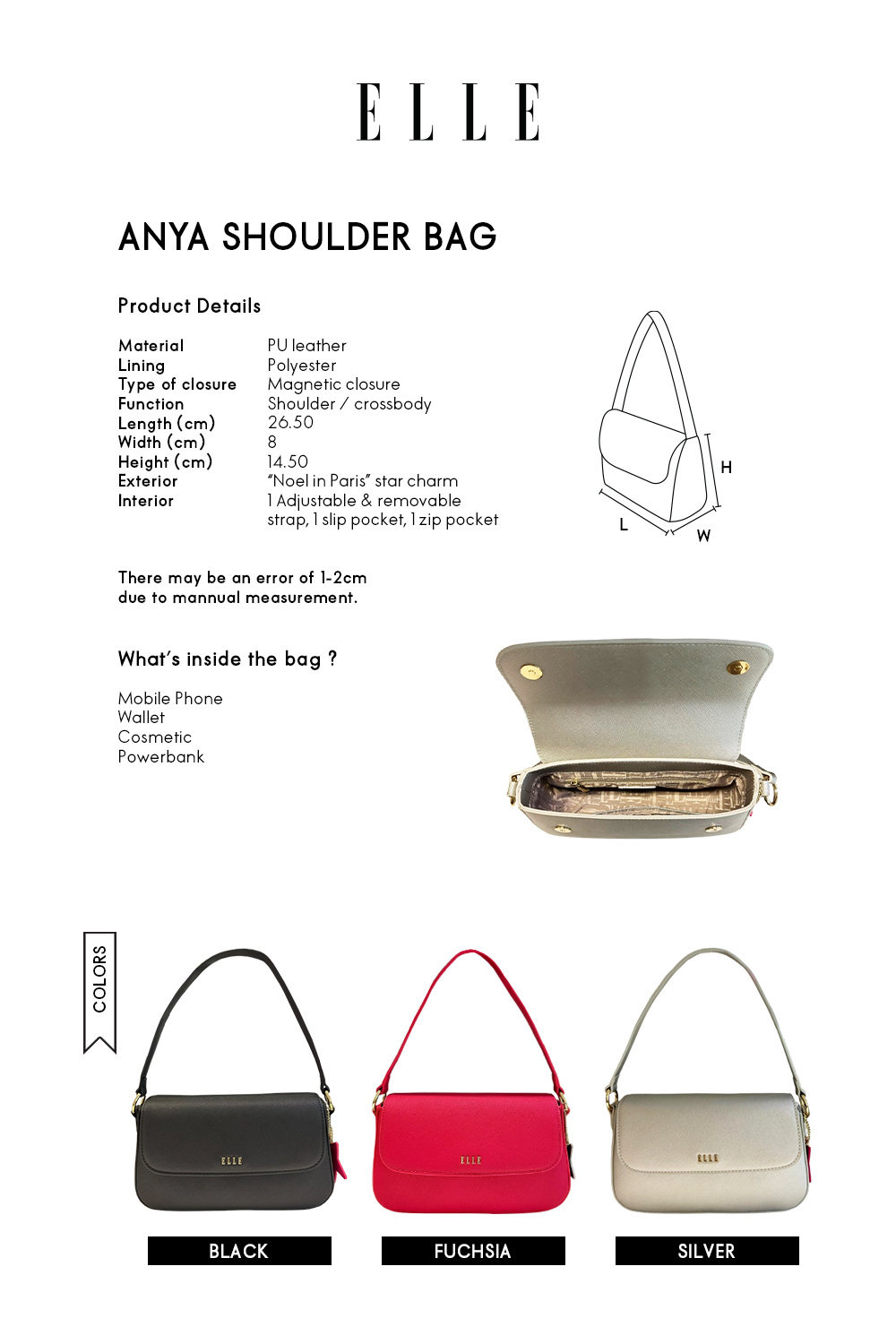 Elle Anya Shoulder Bag - (3 Colors: Black, Fuchsia, Silver) | Shopee Malaysia
