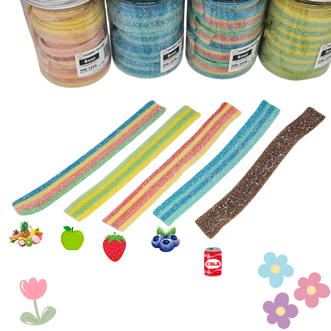 5 Flavour Sour Belt & Tape Gummy Candy (200g / 300g) Gula HALAL Cola ...