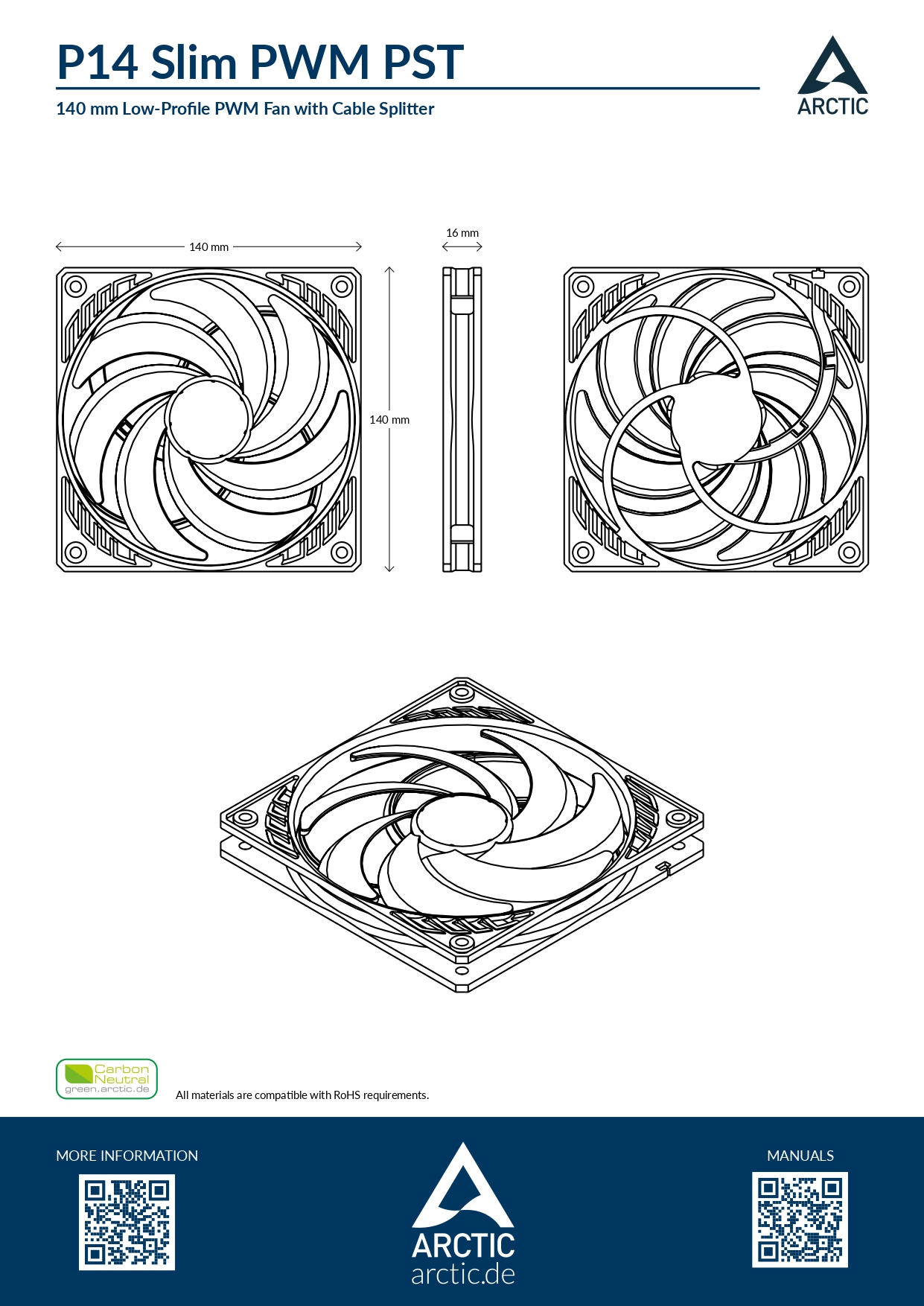ARCTIC P14 SLIM PWM PST 140mm LOW PROFILE PWM FAN WITH CABLE SPIITTER ...