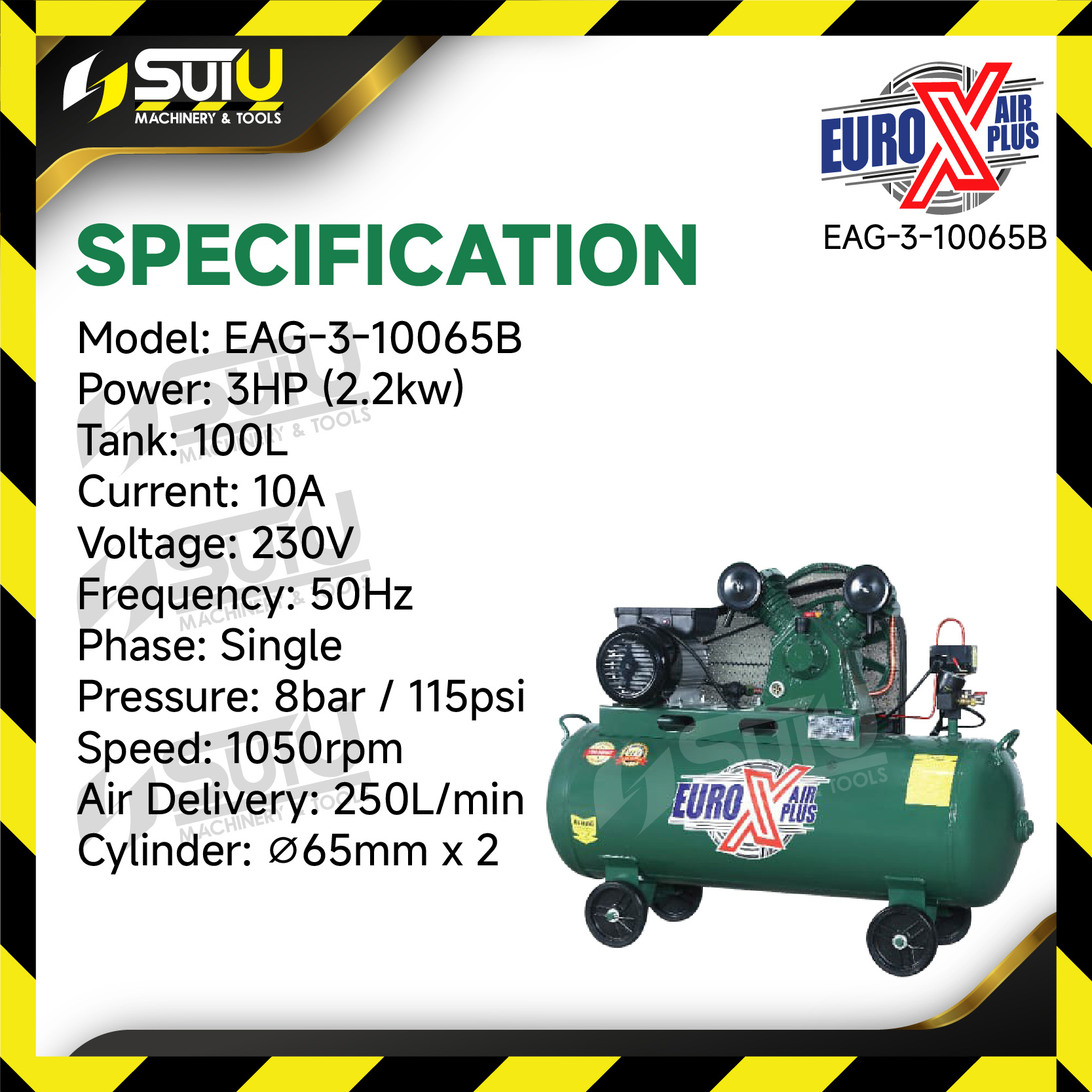 EUROX AIR PLUS EAG-3-10065B / EAG310065B 100L 3HP Air Compressor / Kompressor 2.2kW | Shopee ...