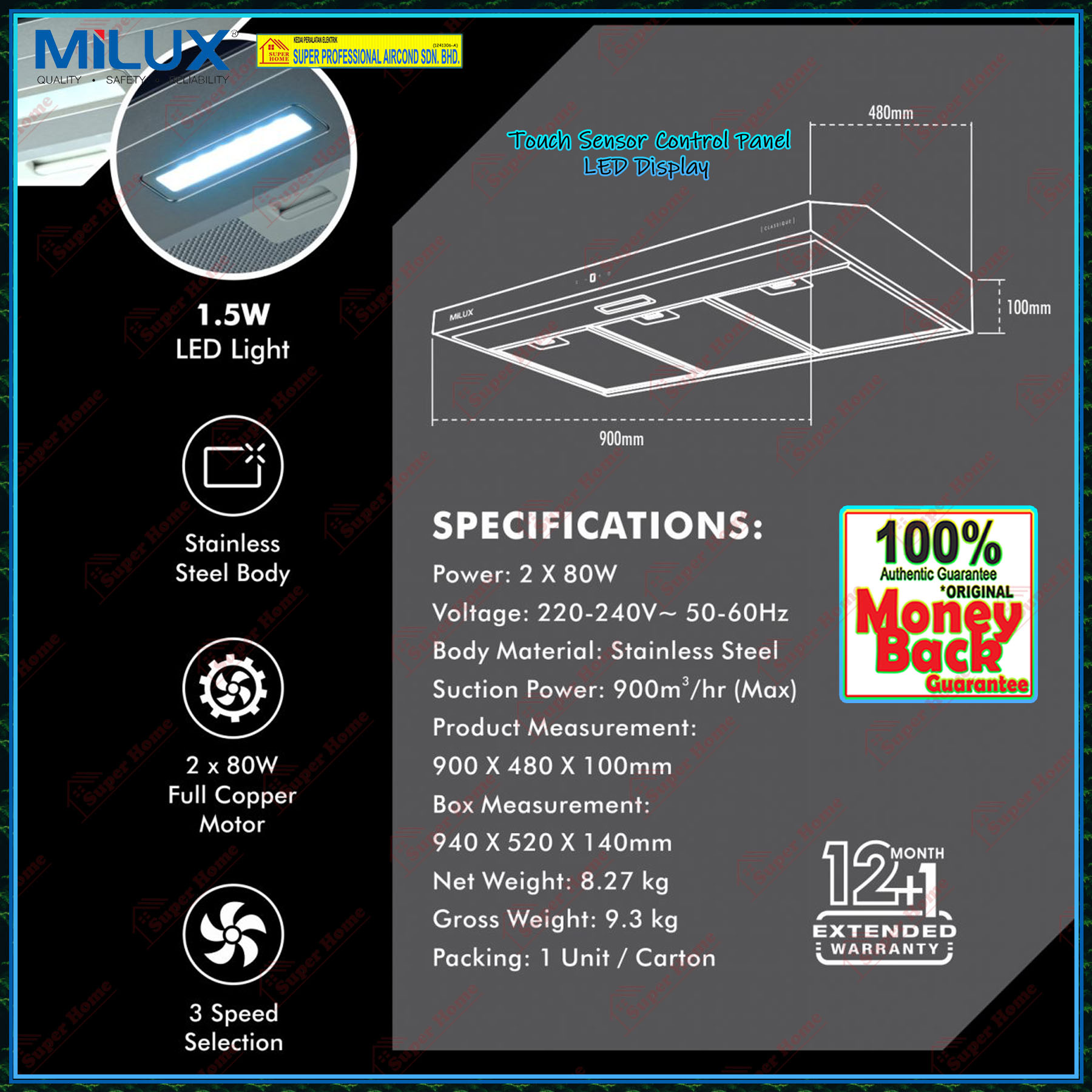 Milux Slim Hood MHS-S750T ((Touch Sensor Control Panel)) 90cm Cooker ...