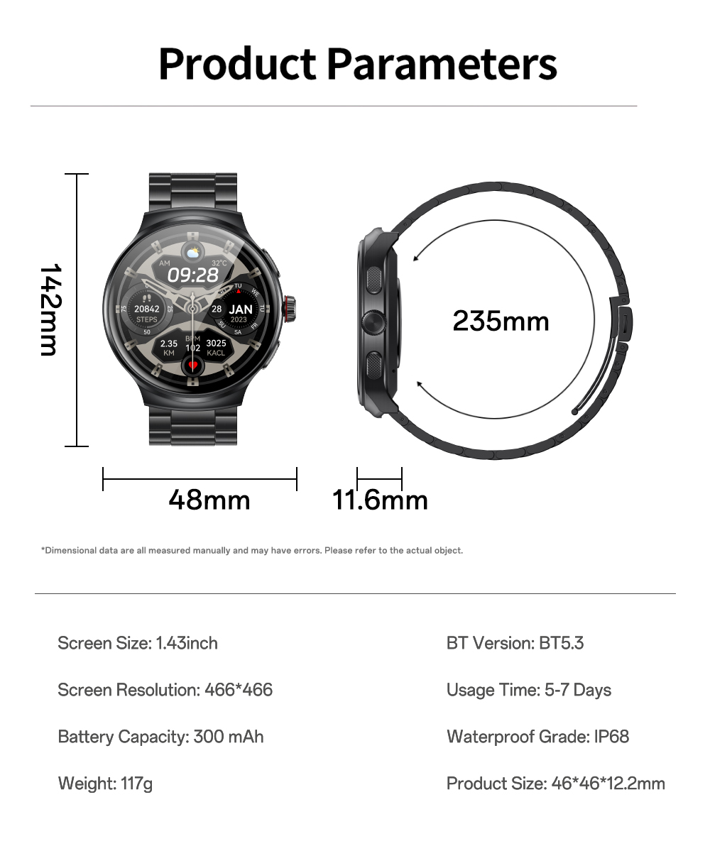 Aolon Prime 3 Smart Watch 466*466 HD AMOLED Screen Metal Body Bluetooth ...