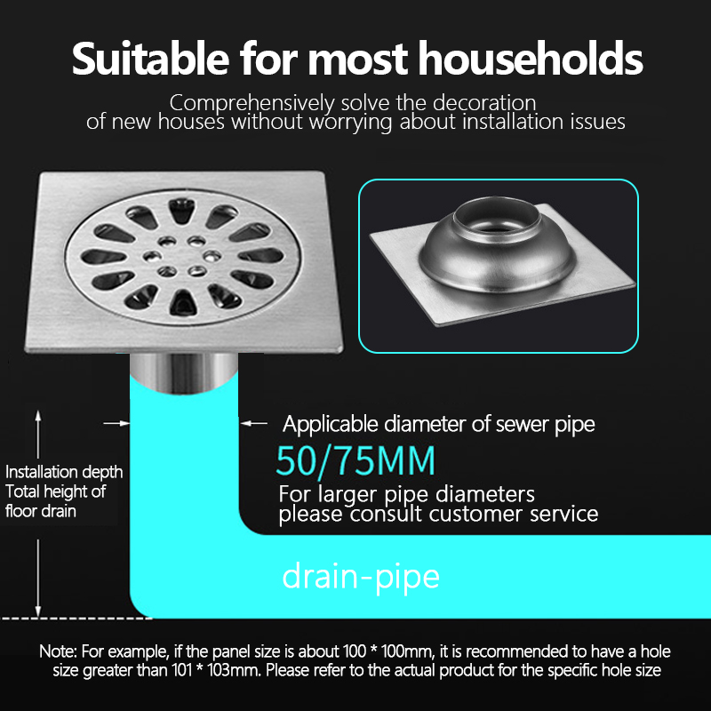 10cm x 10cm 304 Stainless Steel Floor Drain Deodorant Bathroom Washing ...